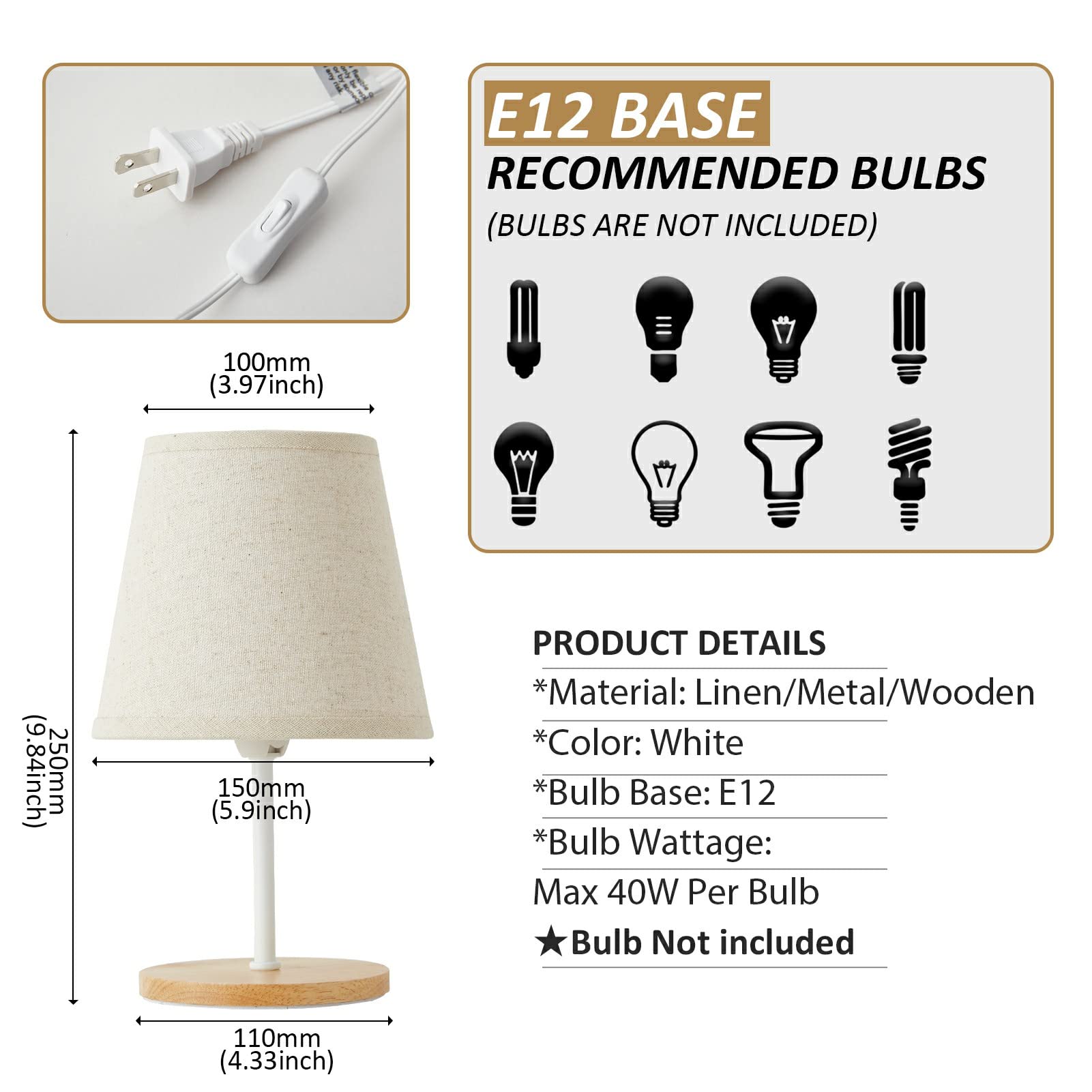 OuXean Table Lamp, E12 Simple Desk Lamp, Small Linen Fabric Lampshade ...