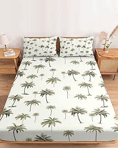Amazon.com: Queen Bed Fitted Sheet Summer Green Palm Trees on White ...