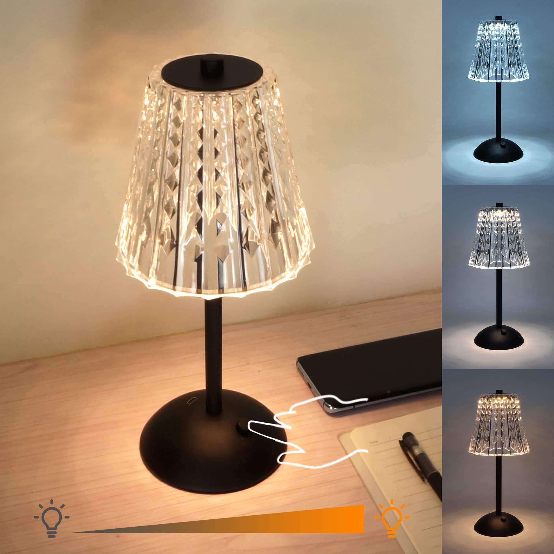 Cordless Table Lamp, Rechargeable Crystal Diamond Table Lamps, 3 Color ...