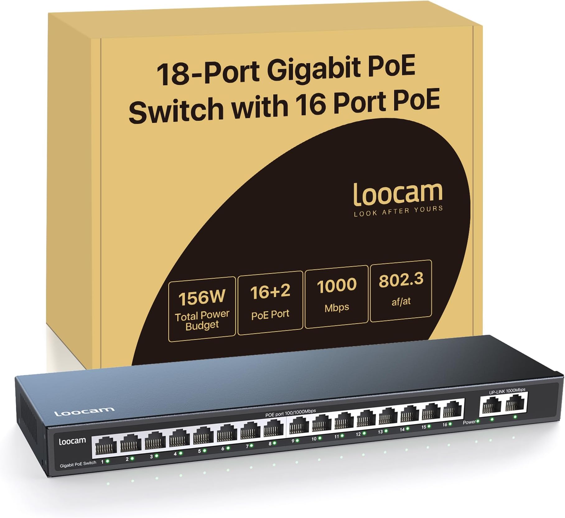 Loocam PoE Switch 16 Puertos con 2 Puertos Gigabit Uplink, 156 W para ...