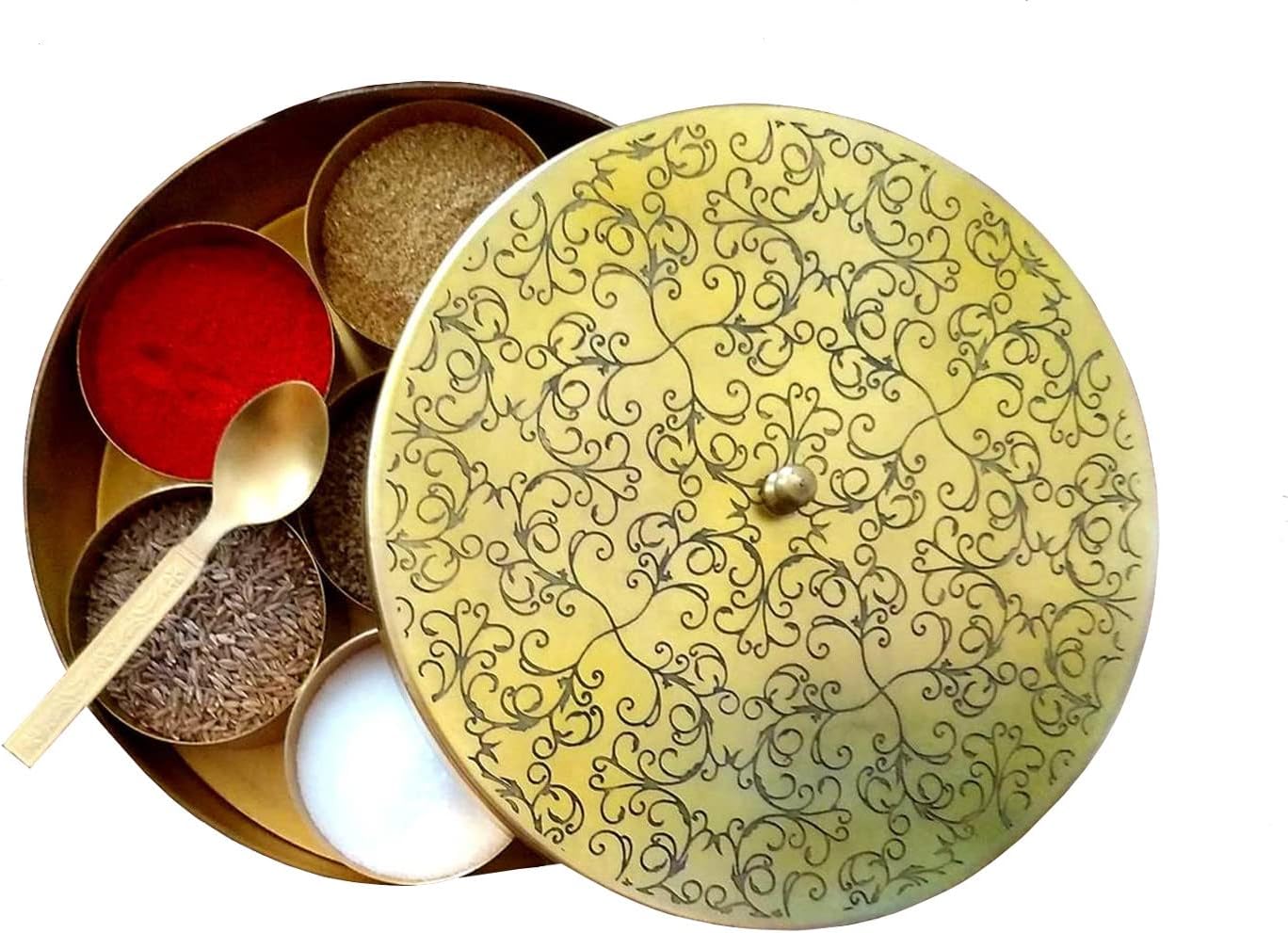 Amazon.com: Purpledip Golden Metal Masala Box For Storing Spices ...