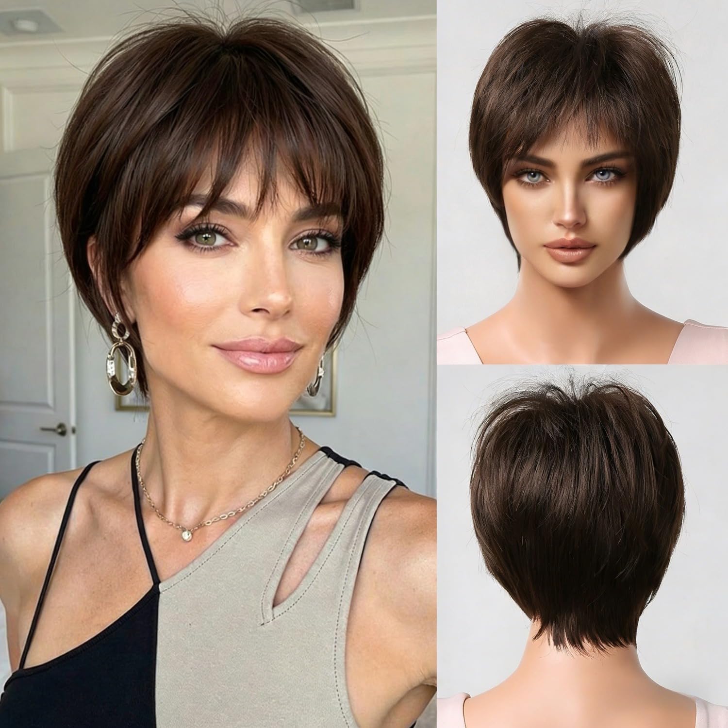 Amazon.com : Phloxyn Pixie Cut Wig Short Straight Human Hair Wigs Dark ...