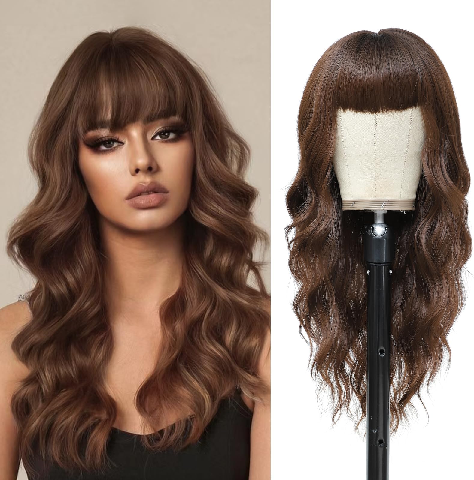 Amazon.com : Angzon Pink Wig With Bangs Long Wavy Wigs for Women 26 ...