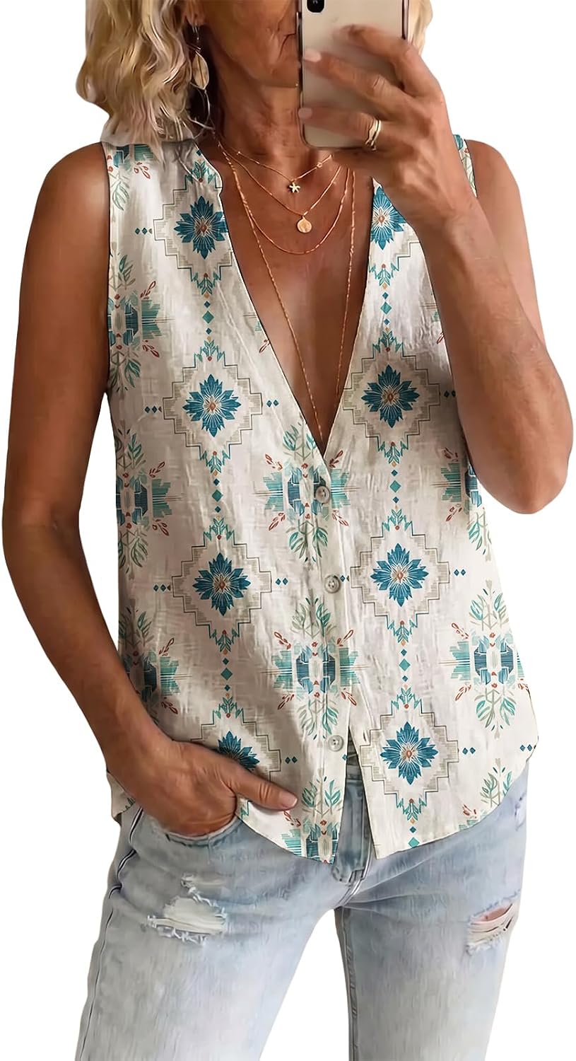 Xernbit Womens Tribal Print V Neck Sleeveless Button Tank Tops Abstract ...