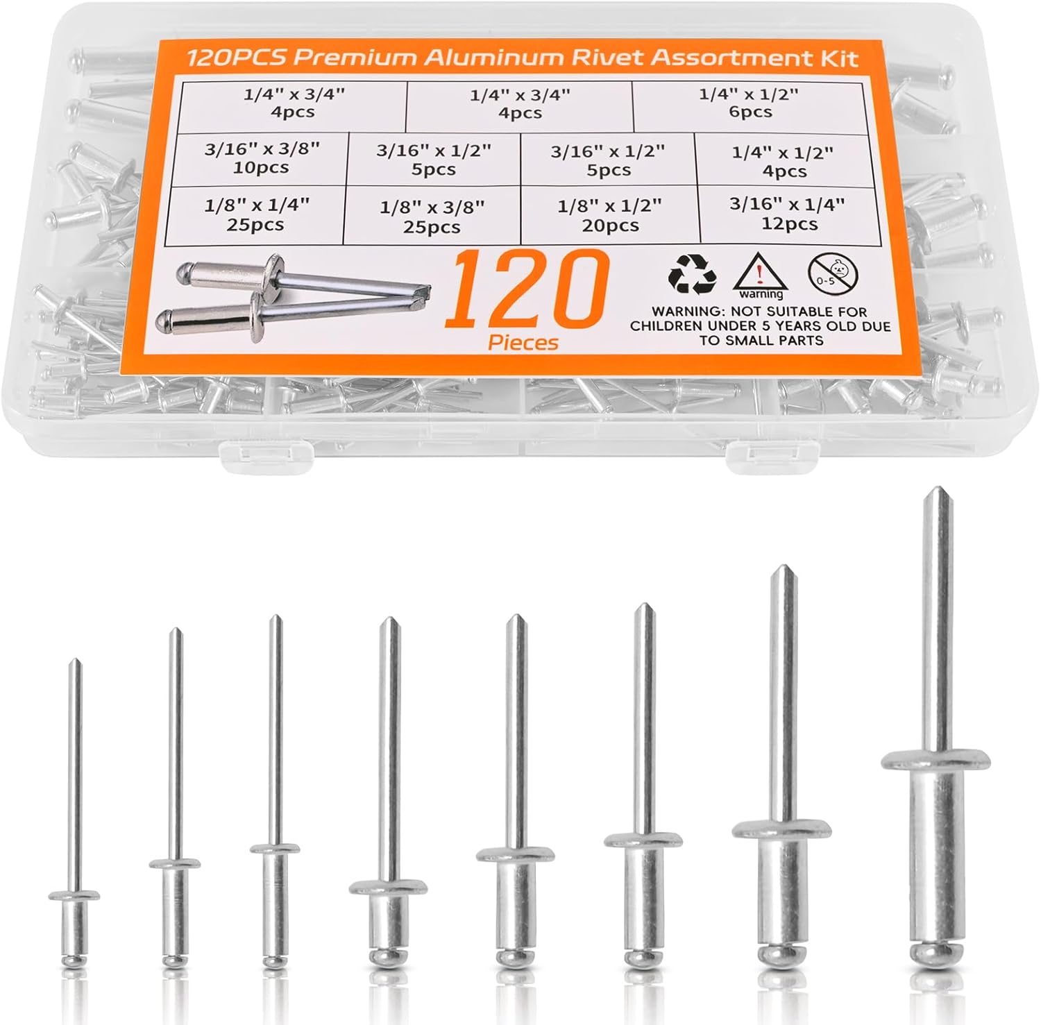 Amazon.com: Premium Pop Rivet Assortment Kit, 120pcs Aluminum Rivets, 1 ...
