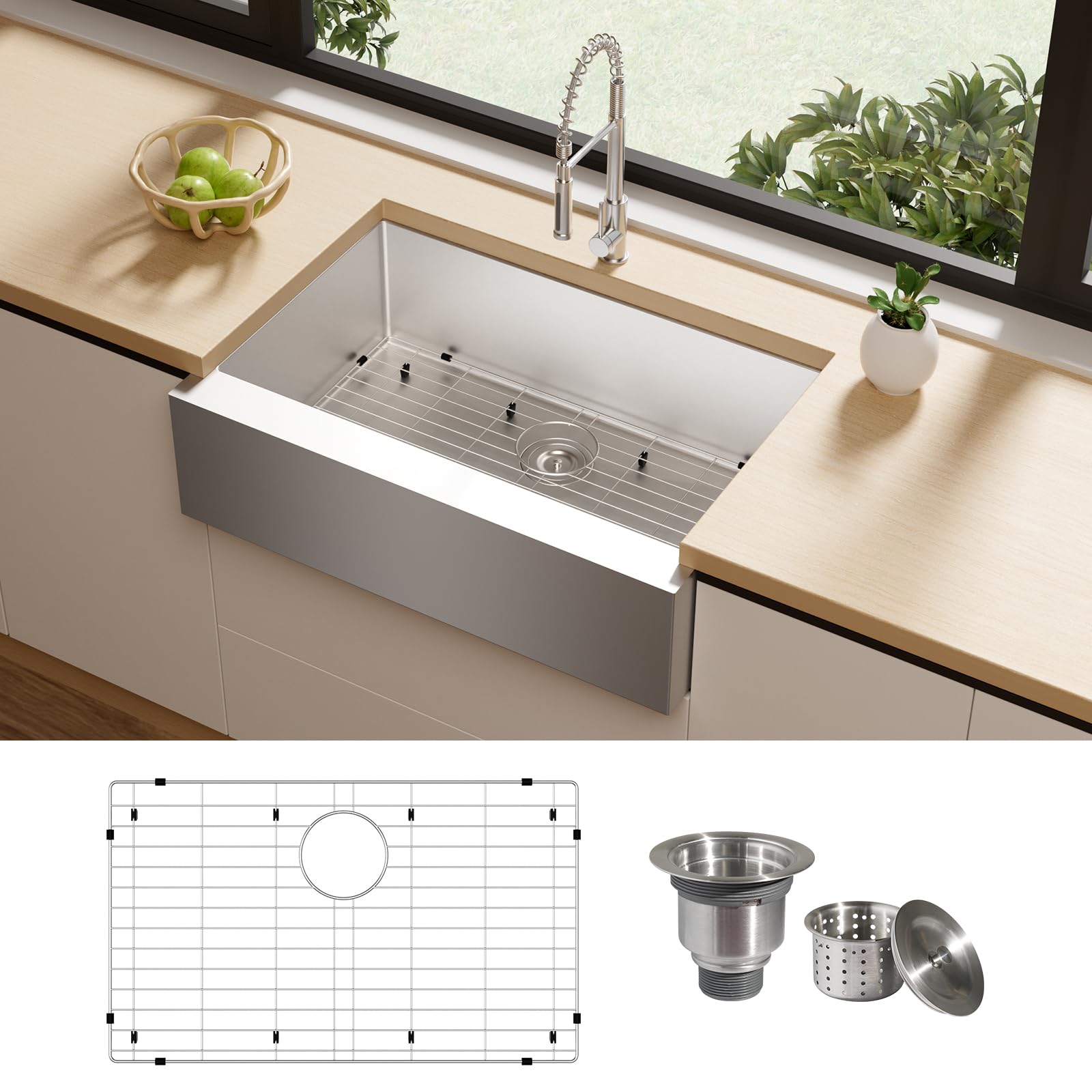 Snapklik.com : 36 Inch Farmhouse Sink - TECASA Flat Apron Front 16 ...
