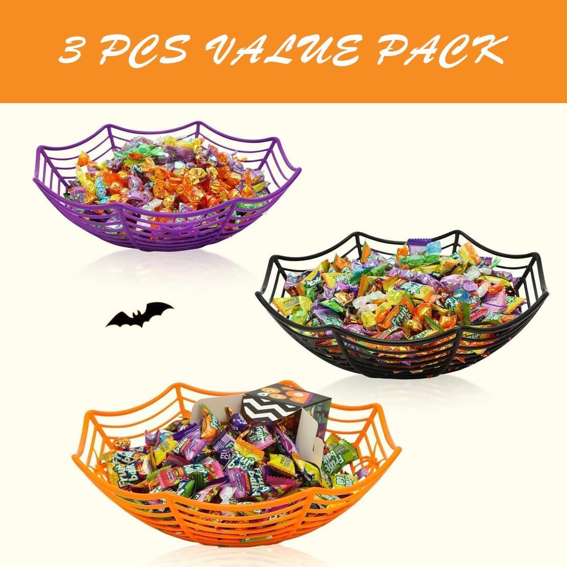 Snapklik.com : 3Pcs Halloween Candy Bowl - Spider Web Plastic Basket ...