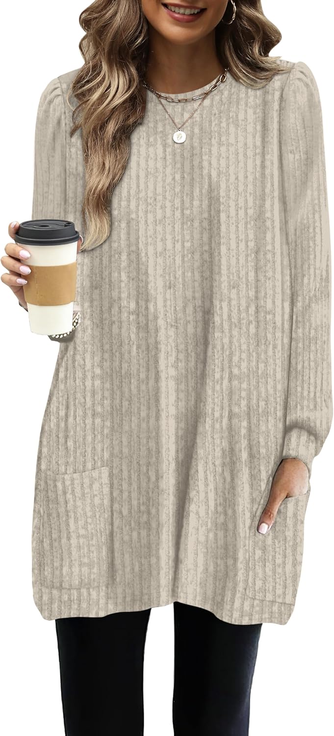 OFEEFAN Fall Womens Sweaters Long Sleeve Plus Size Tops with Pockets ...