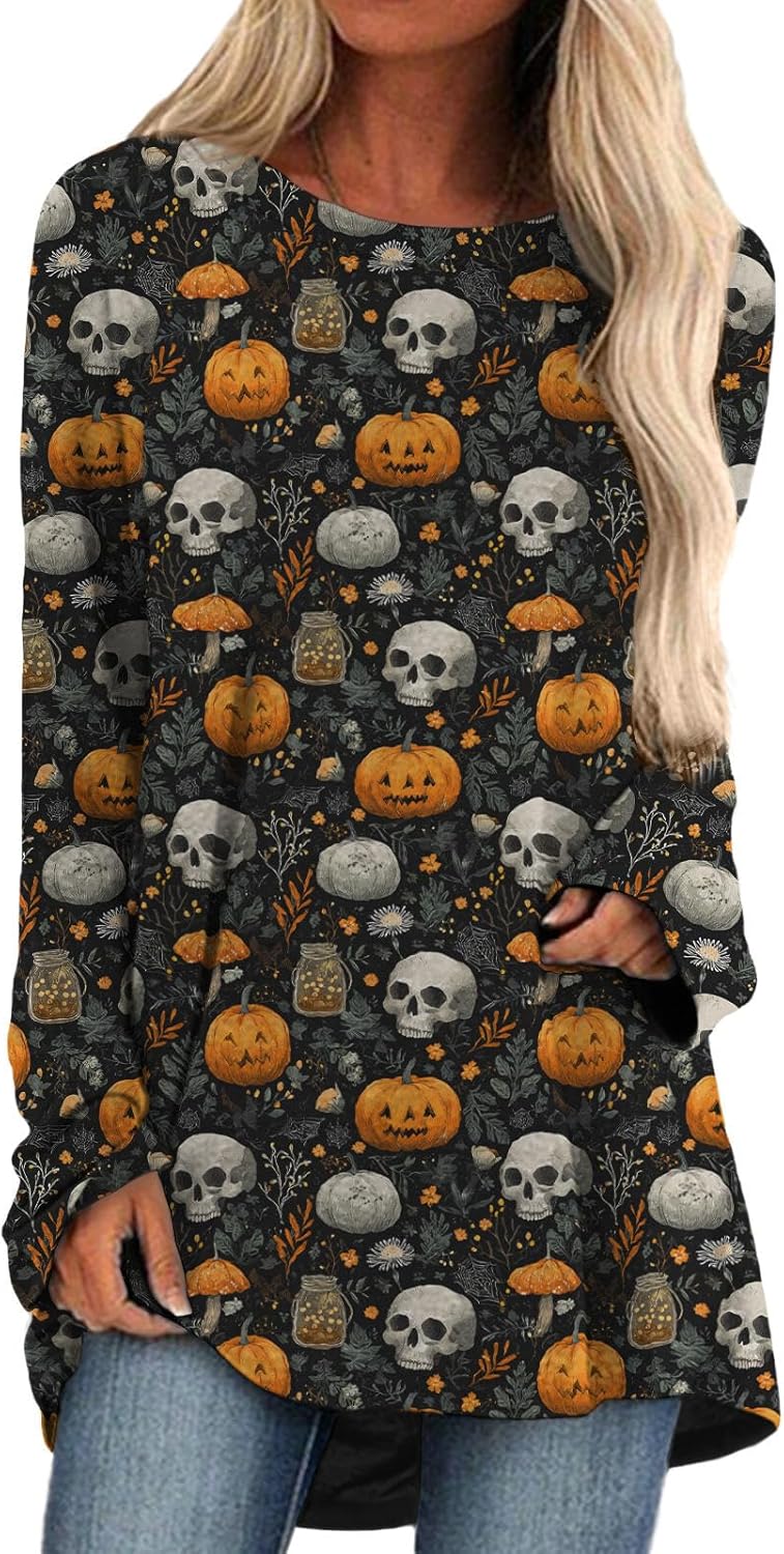 TBILILO Womens Halloween Pumpkin Printed Ghost Skull Shirts Crewneck ...