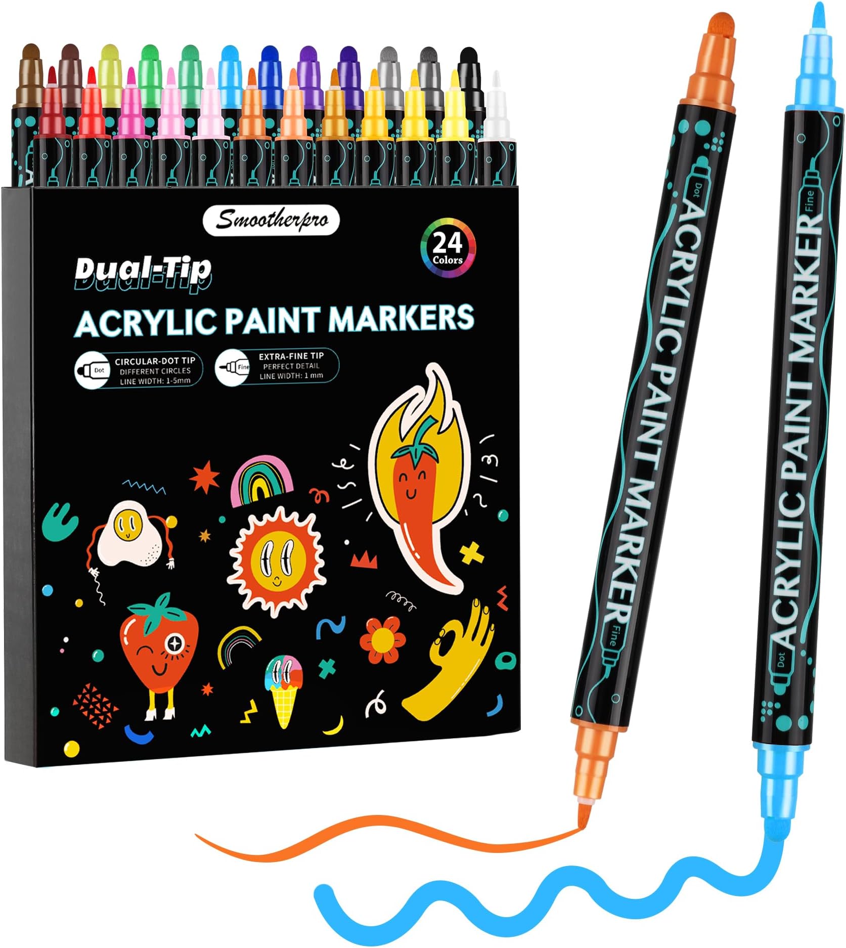 Amazon.com: SMOOTHERPRO Acrylic Paint Pens Dual Tip 24 Colors Acrylic ...