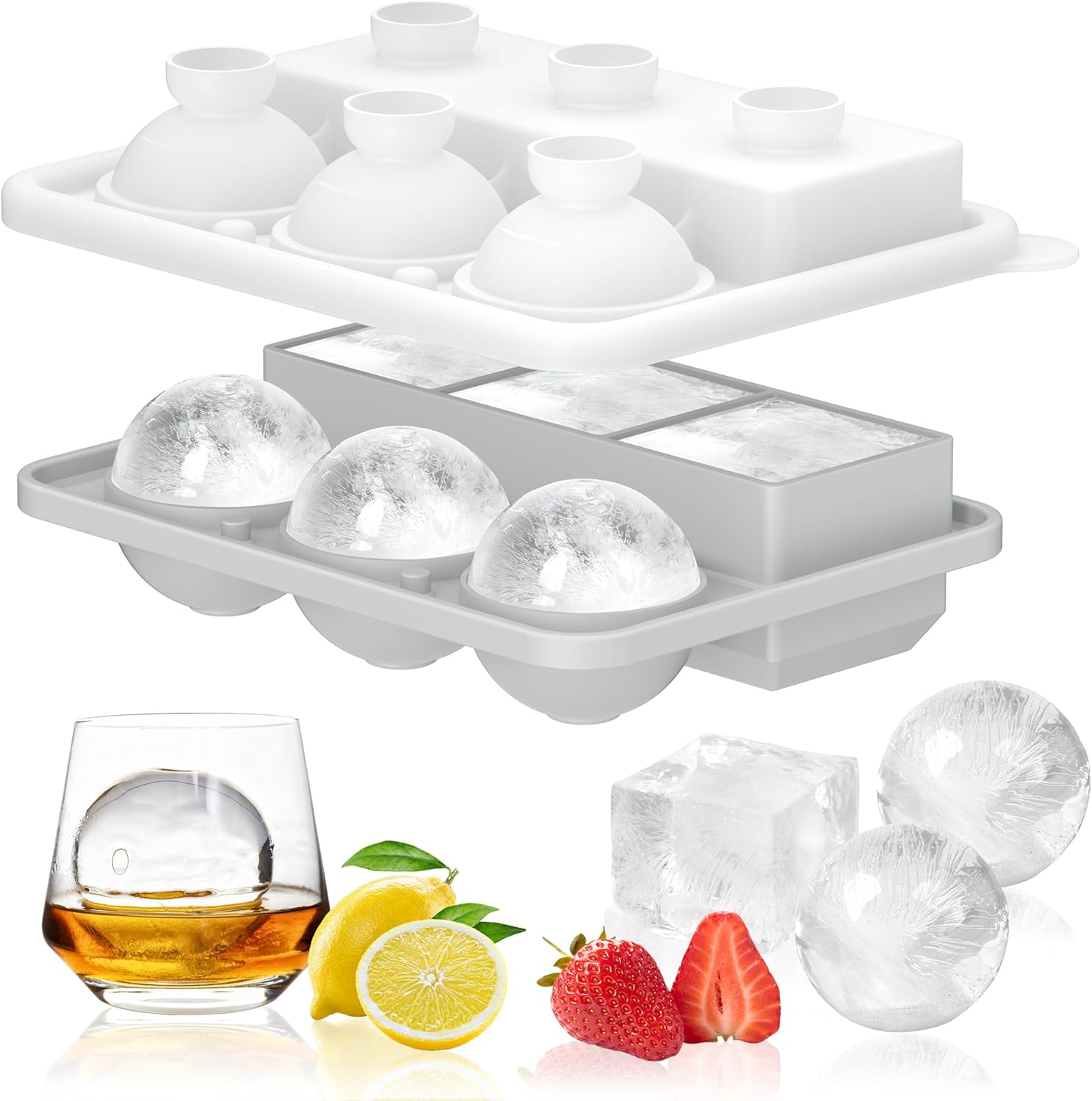 Amazon.com: Ice Cube Tray, Morfone Silicone Round Ice Ball Mold& Square ...