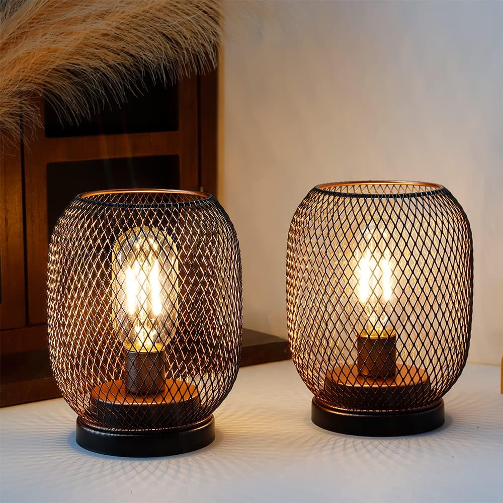 JHY DESIGN Set of 2 Metal Cage Table lamp Battery Powered, Cordless ...