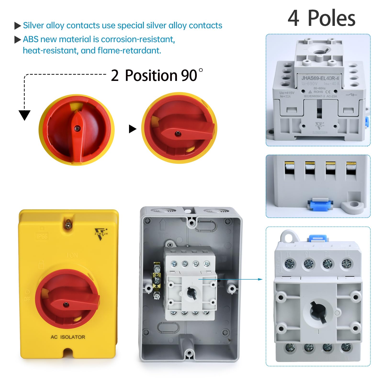 Snapklik.com : 40Amp AC Isolator Solar Switch 4 Pole 2 Positions IP66 ...