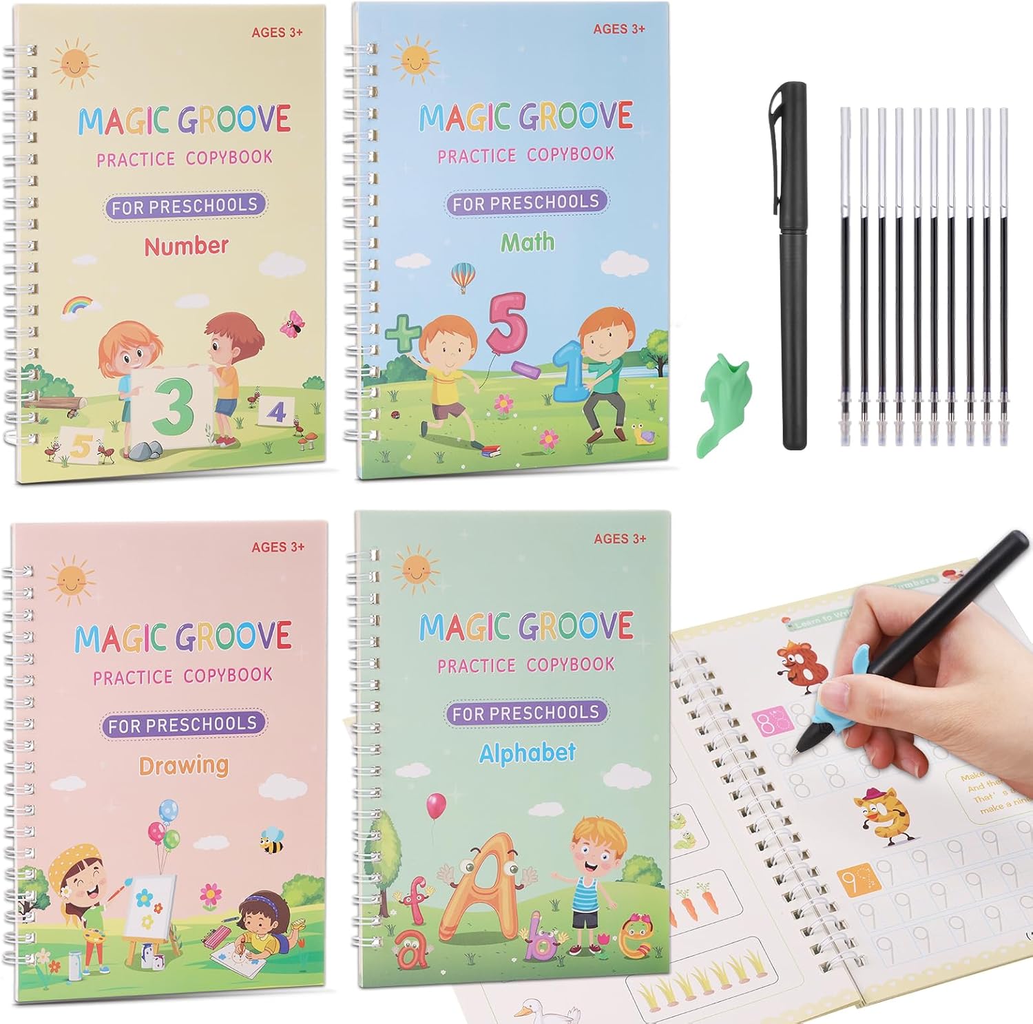 JIANTA Magic Practice Copybook for Children, 4 Pack Reusable Groove ...