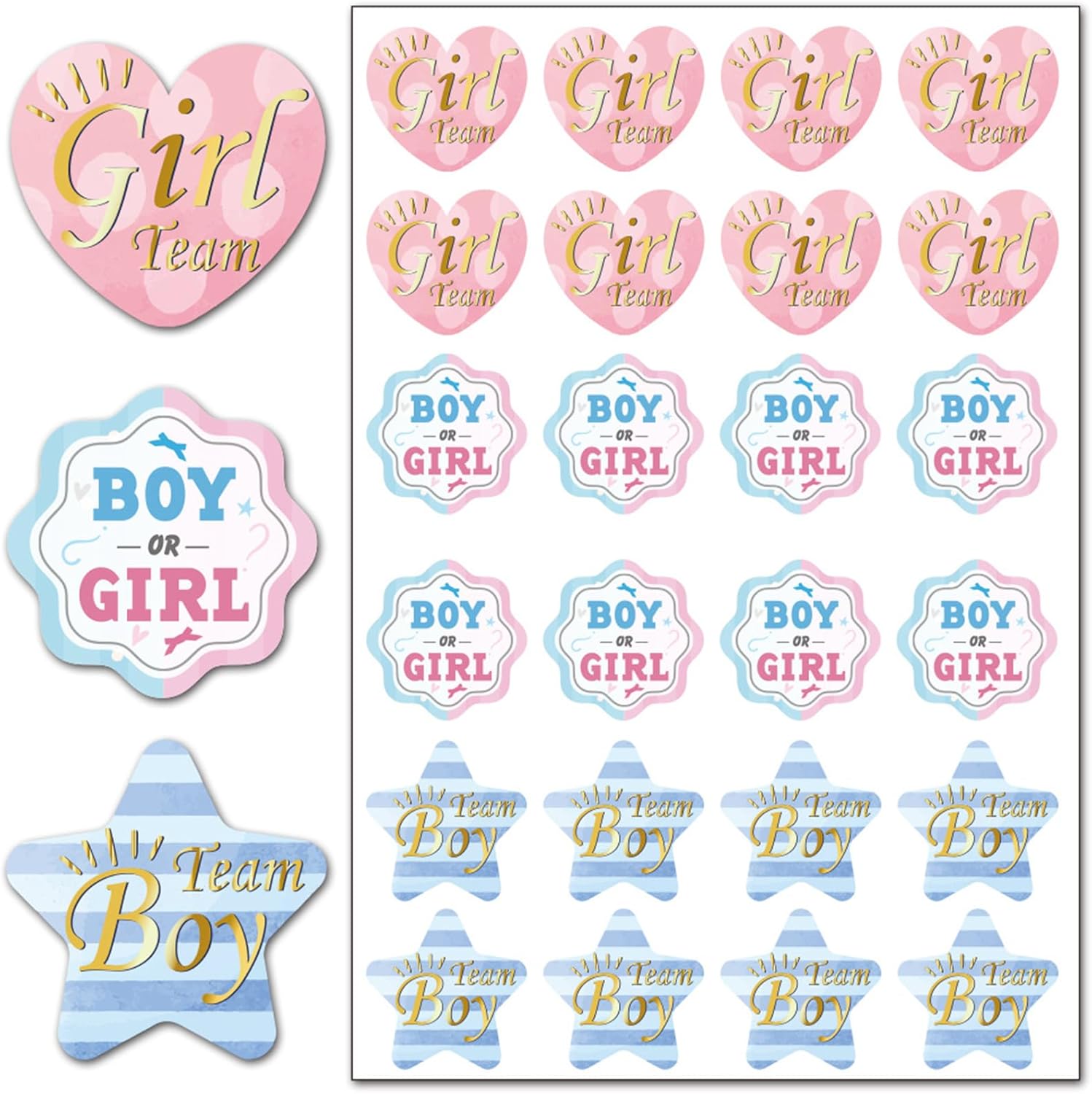 Team Gender Stickers, 24 Pcs Heart Girl and Star Boy Gender Reveal ...