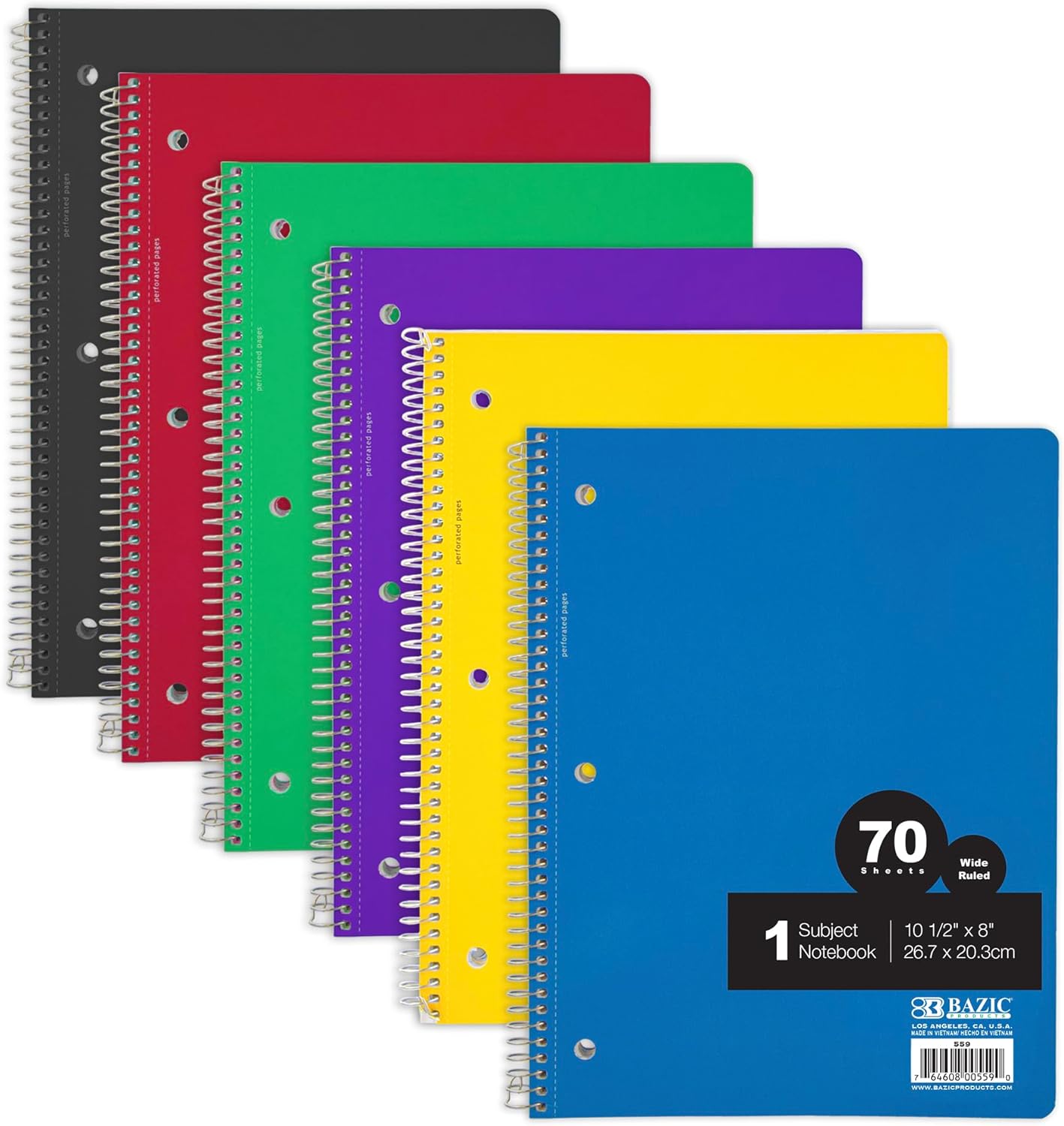Amazon.com : BAZIC Notebook Wide Ruled 1 Subject Spiral 70 Sheets ...
