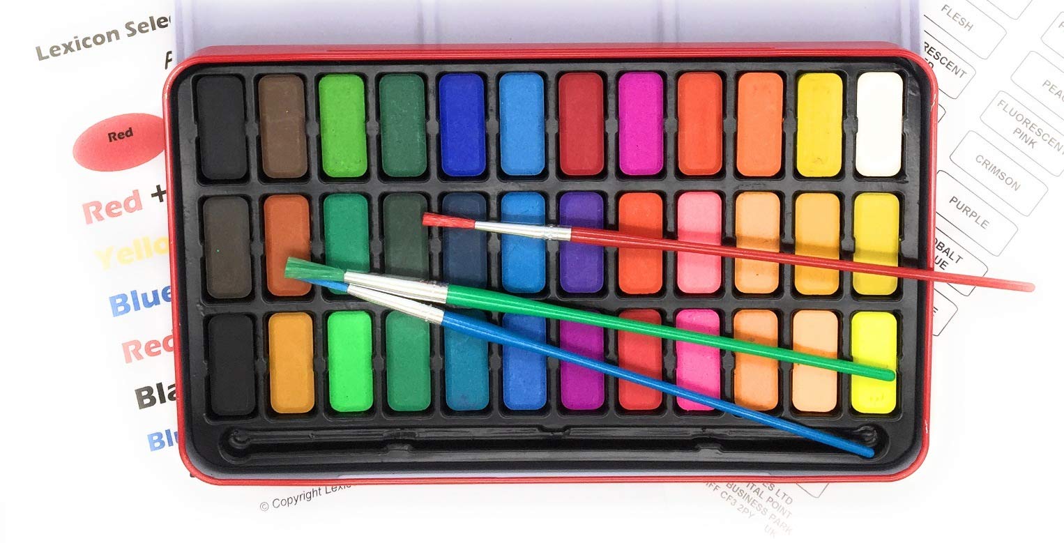 Lexicon Select Water Colour Paint Block Tin with 36 Colours, Paintbrush ...