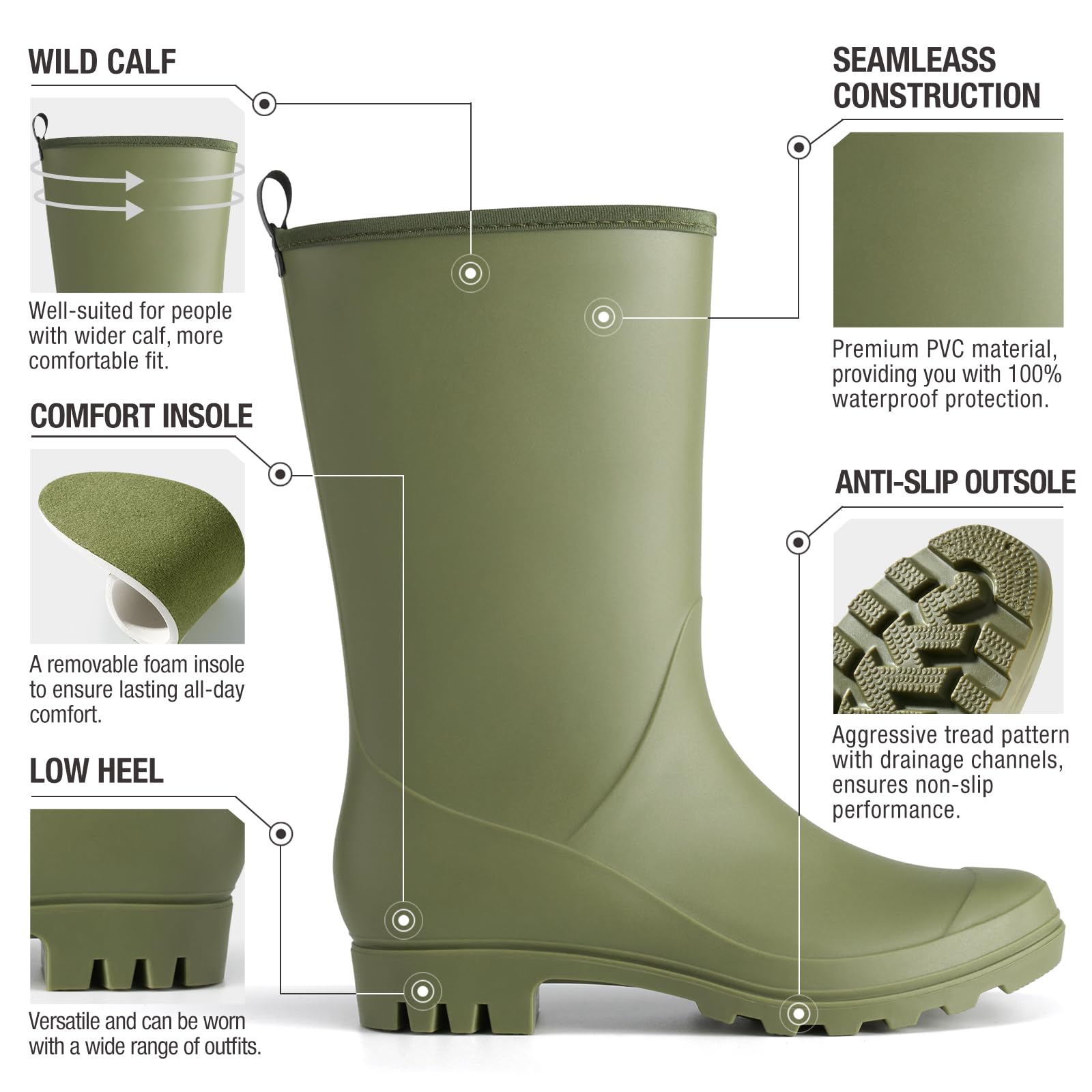 Snapklik.com : Women Rubber Boots Waterproof Wide Calf Rain Boots Mid ...