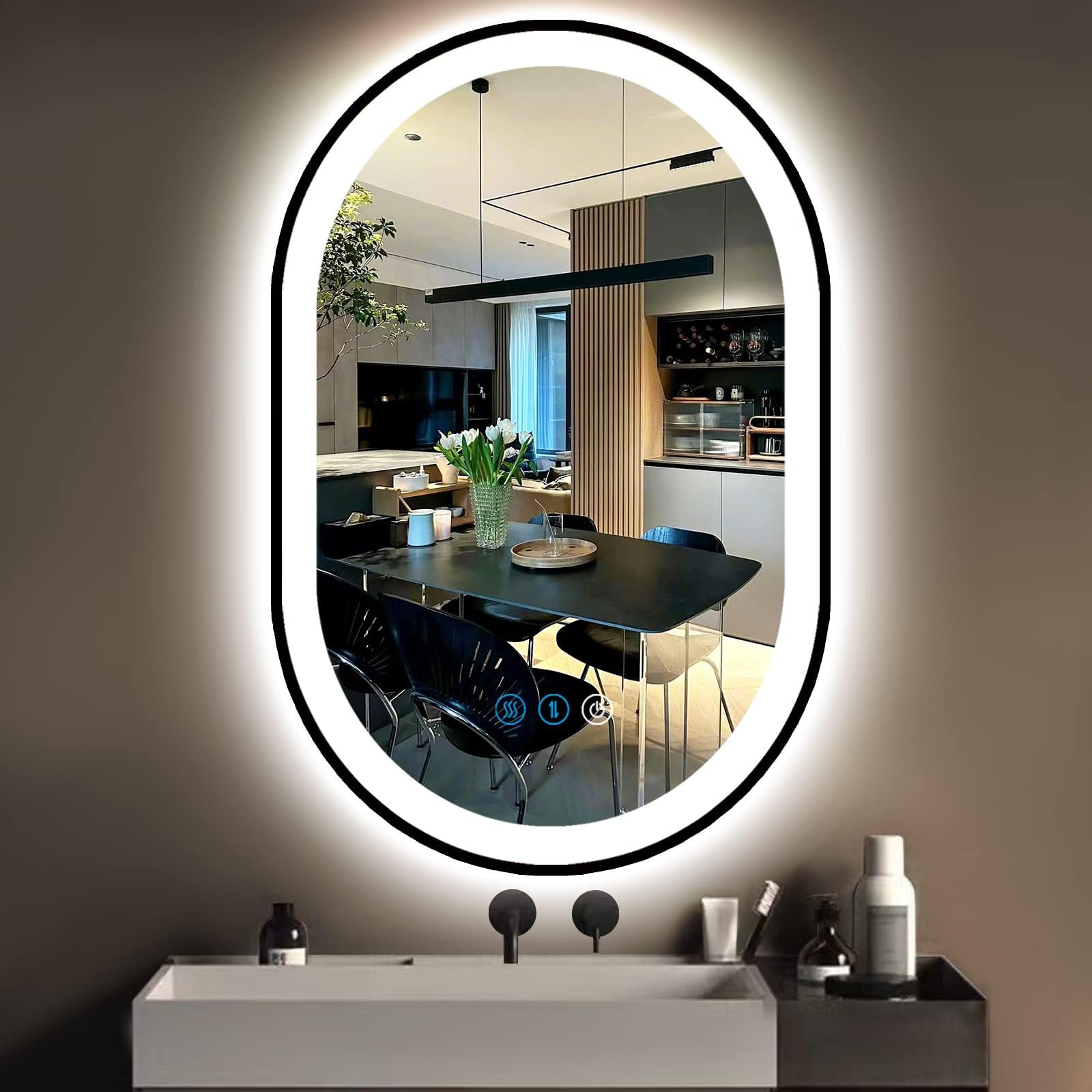 Amazon.com: THEKLA Black Frame Oval LED Mirror for Bathroom Wall 16x24 ...