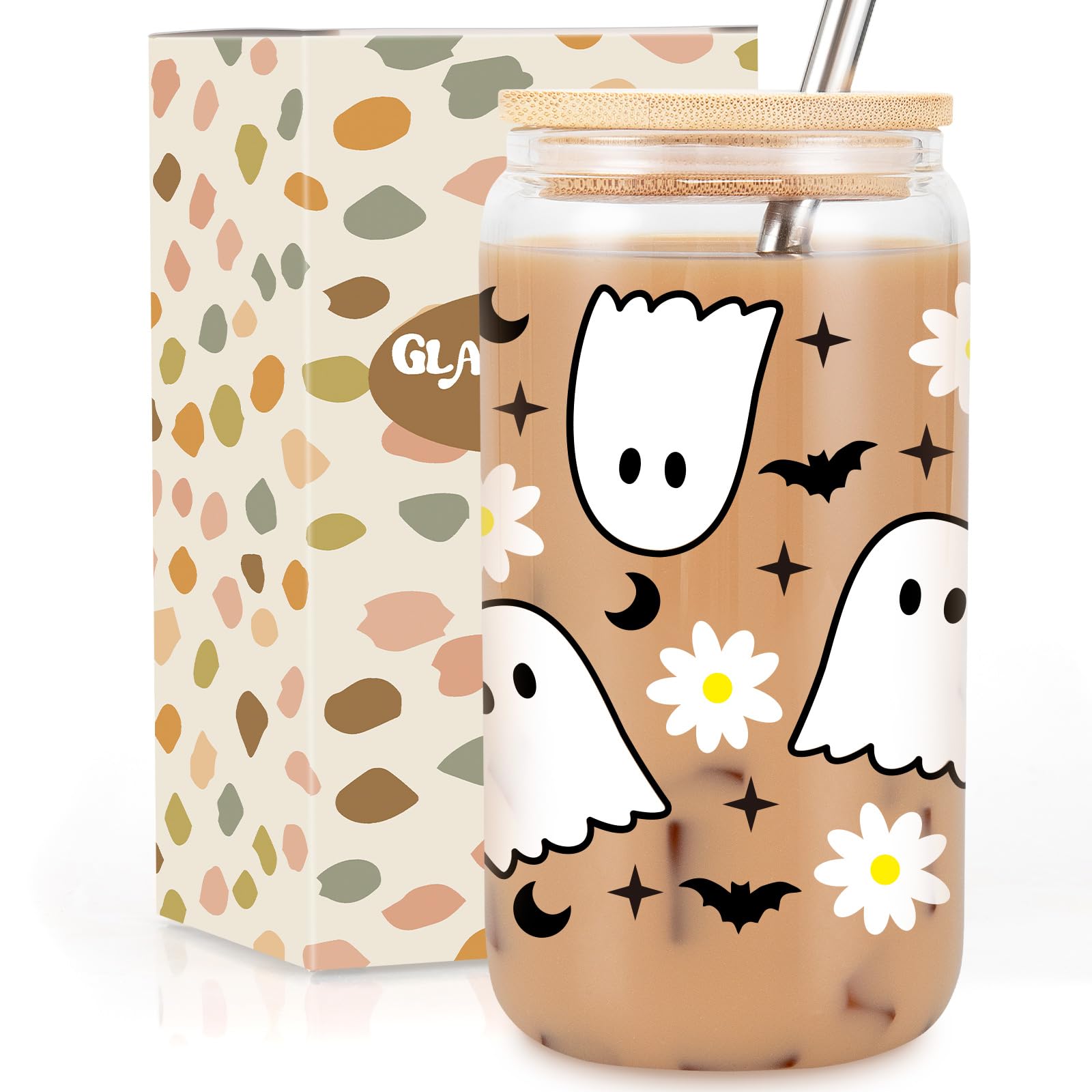 GSPY Cute Ghost Cups, 16oz Halloween Glass Cups with Lids and Straws ...