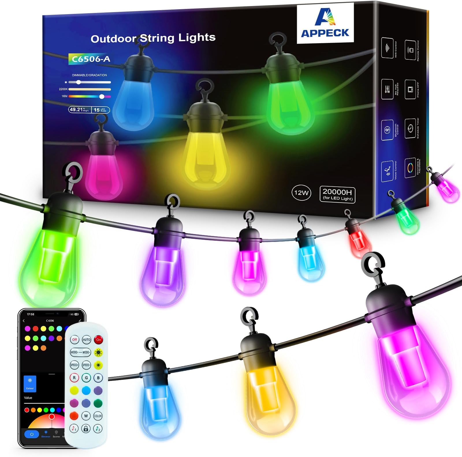 APPECK Outdoor String Lights 50FT, RGBW Smart Patio Lights with 54 ...