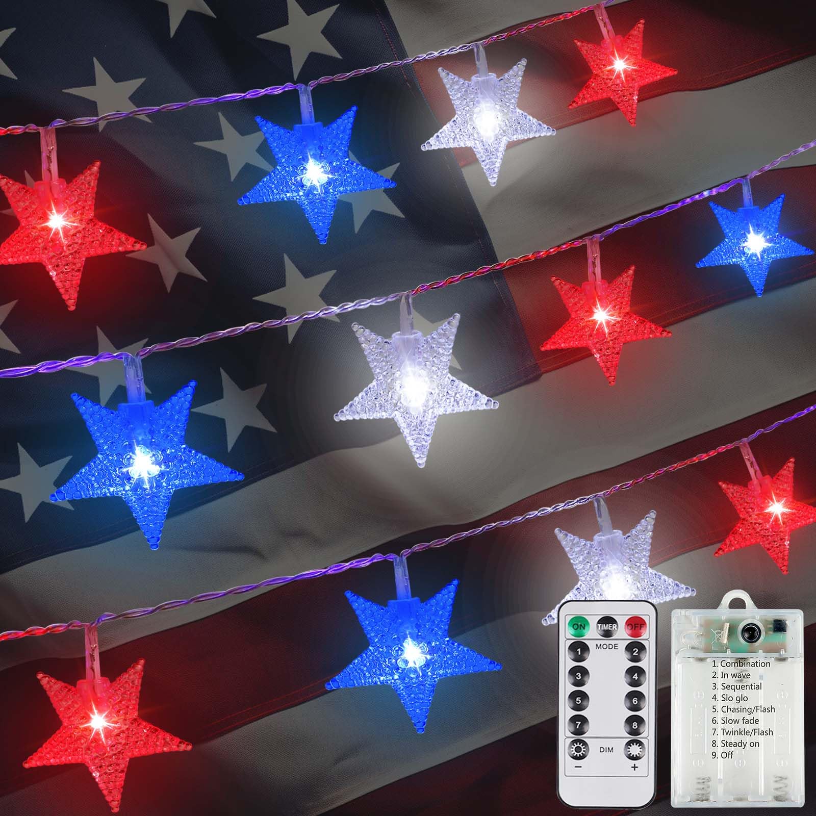50 LED Red White and Blue String Lights Outdoor Battery Powered, 4th of ...