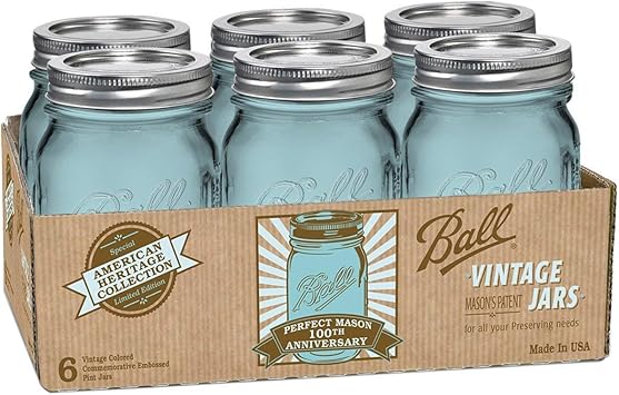 Ball Jar Heritage Collection Pint Jars with Lids and Bands, Blue, Set of 6