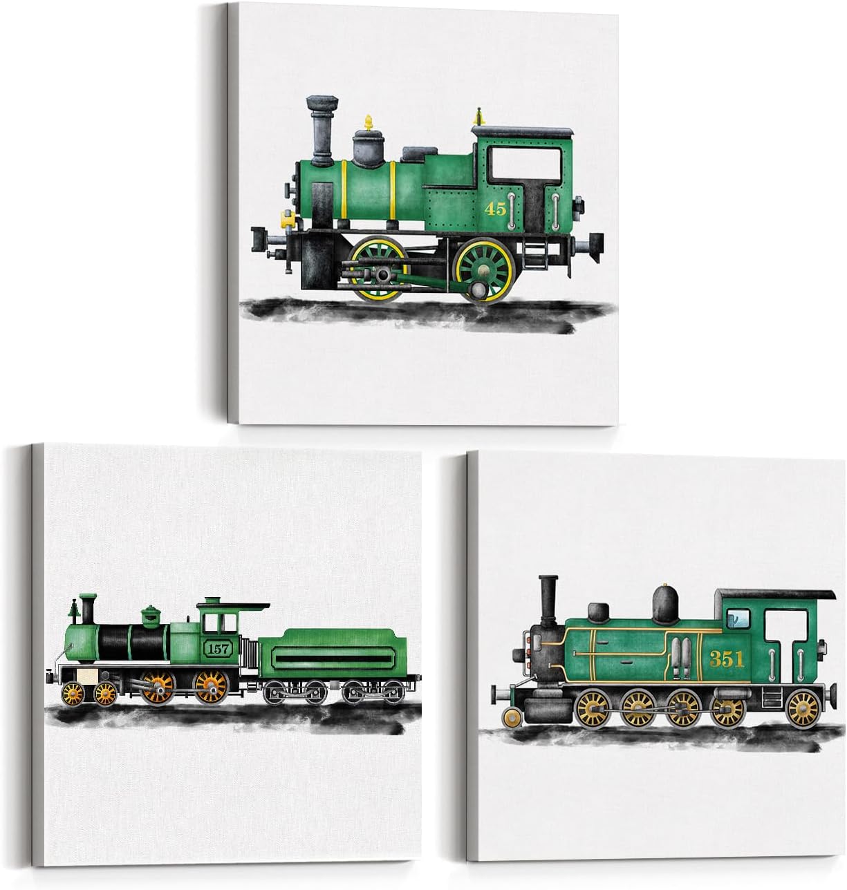Amazon.com: Set of 3 Green Steam Train Nursery Vehicle Art Canvas Wall ...