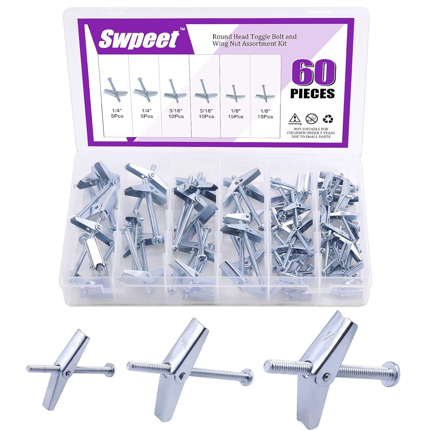 Swpeet Assorted 60 Pcs Toggle Bolt and Wing Nut Kit for Hanging Heavy ...