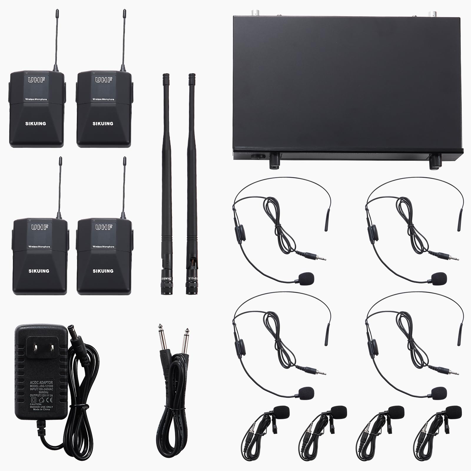 SIKUING 4 Channel UHF Wireless Microphone System with Lavalier Headset Mics, 4x50 Adjustable ...