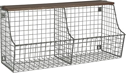 Amazon.com: Spectrum Double Bin Hanging Wire Basket with Wood Top Shelf ...