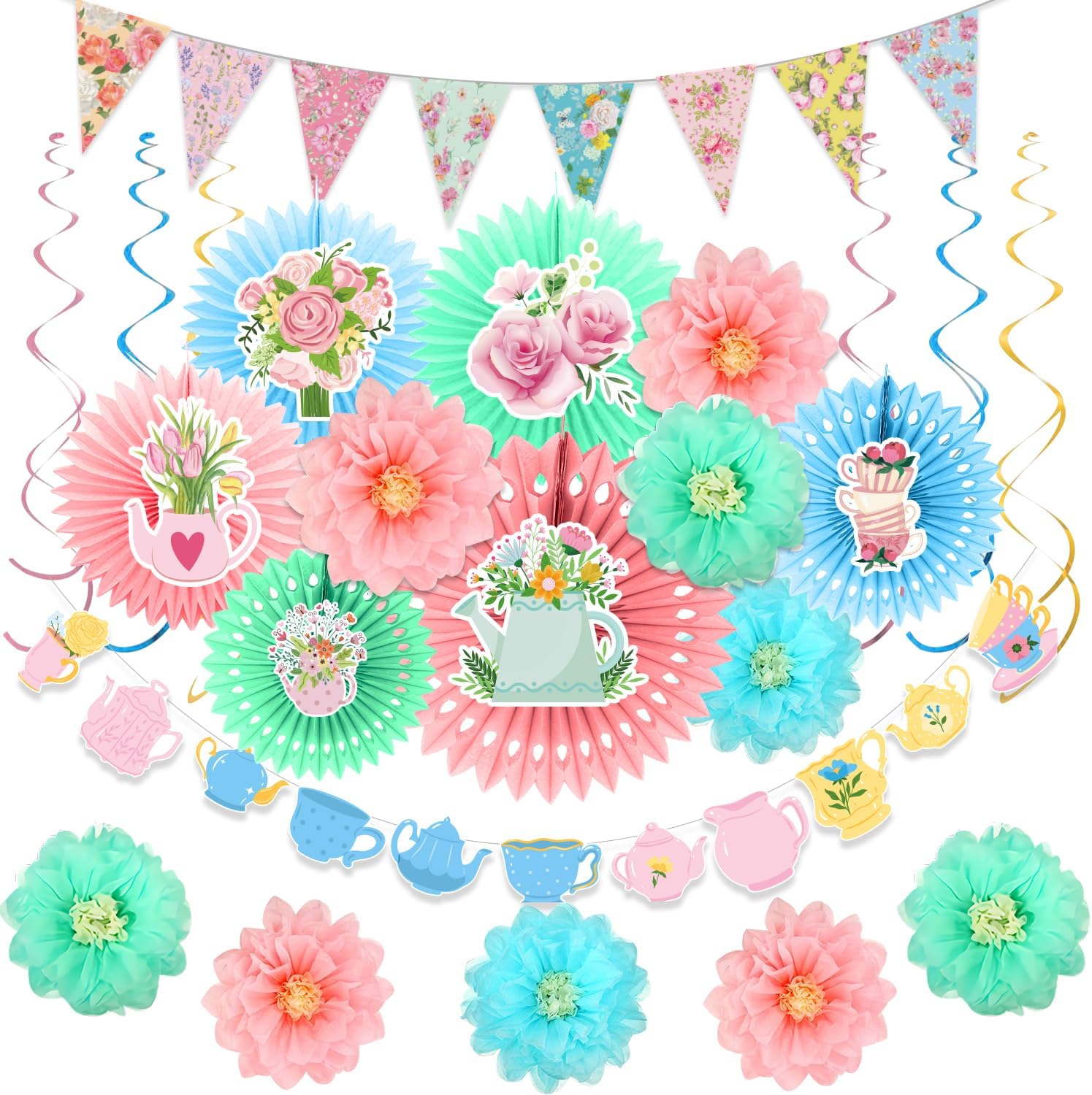 Amazon.com: LARRAZABAL Tea Party Decorations Floral Birthday Banner ...
