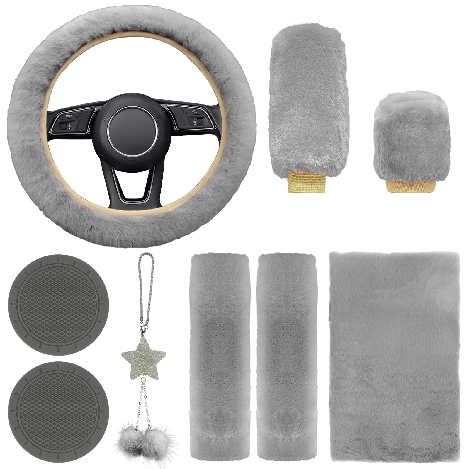 Snapklik.com : 9 Pieces Fluffy Car Accessories Set Fluffy Steering ...