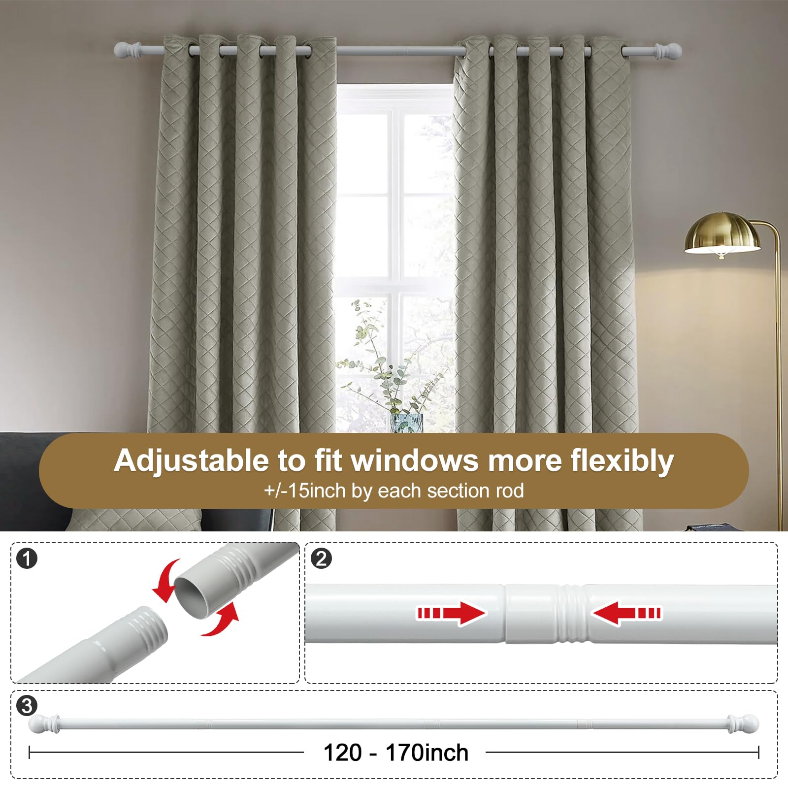 Snapklik.com : White Curtain Rods For Windows 66 To 120" - 1" Heavy ...