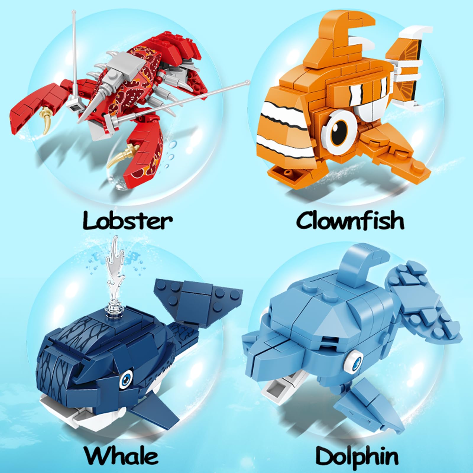 KAZI Deep Sea Creatures Building Sets,Whale,Squid,Lobster,Clownfish Sea ...