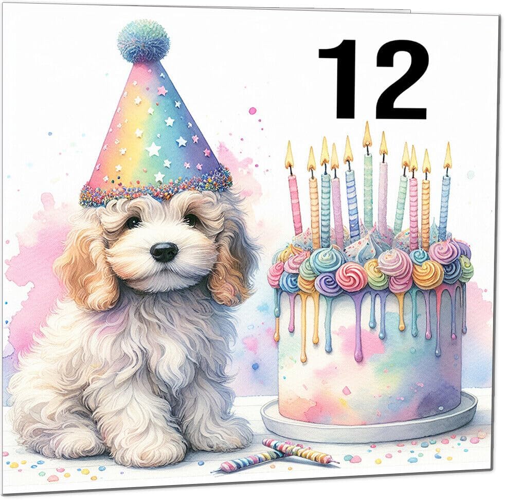 12th Kids Birthday Card - Cute dog watercolour rainbow Birthday Card ...