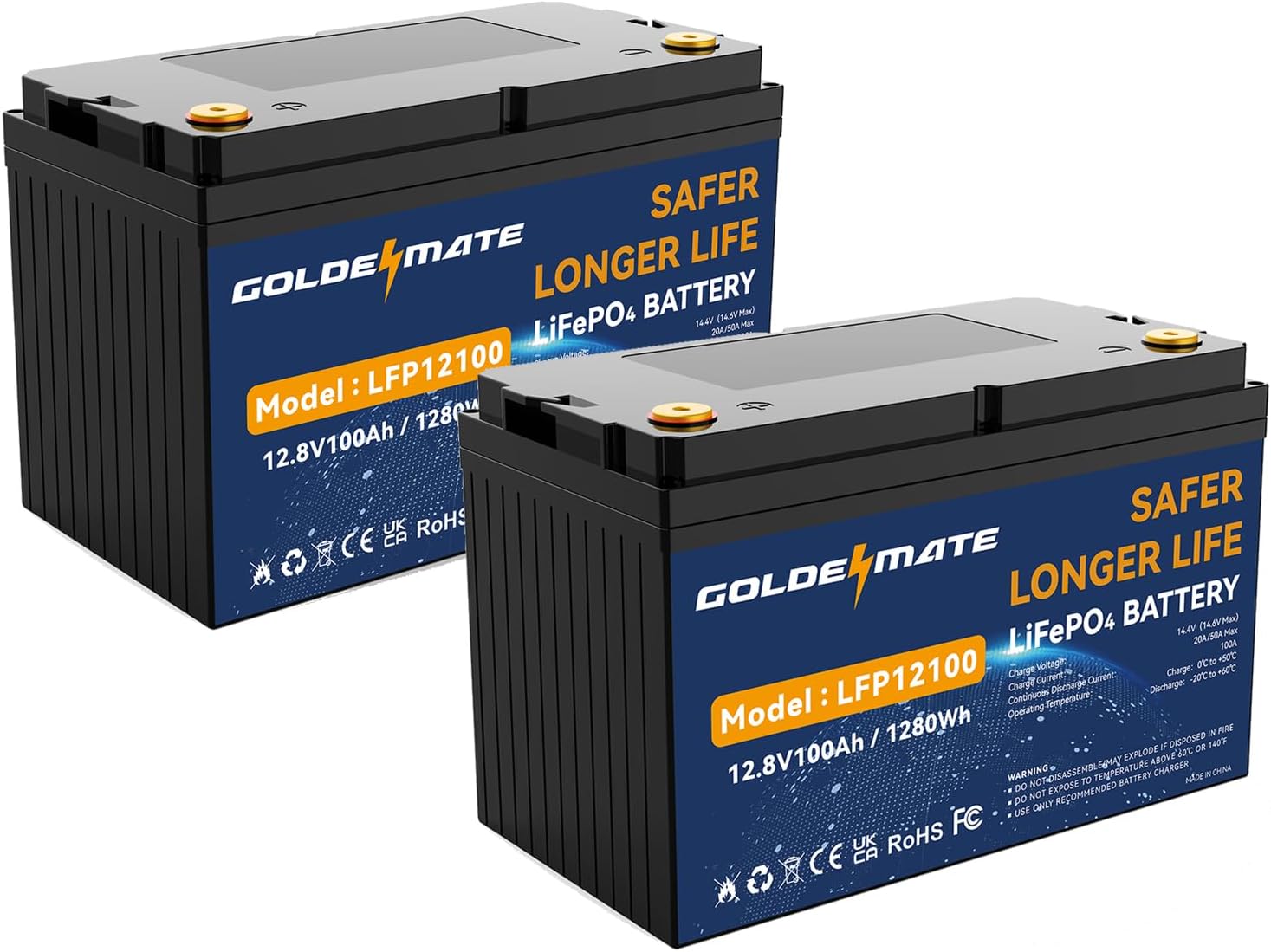 Amazon.com: GOLDENMATE 12V 100Ah Bluetooth LiFePO4 Lithium Battery ...