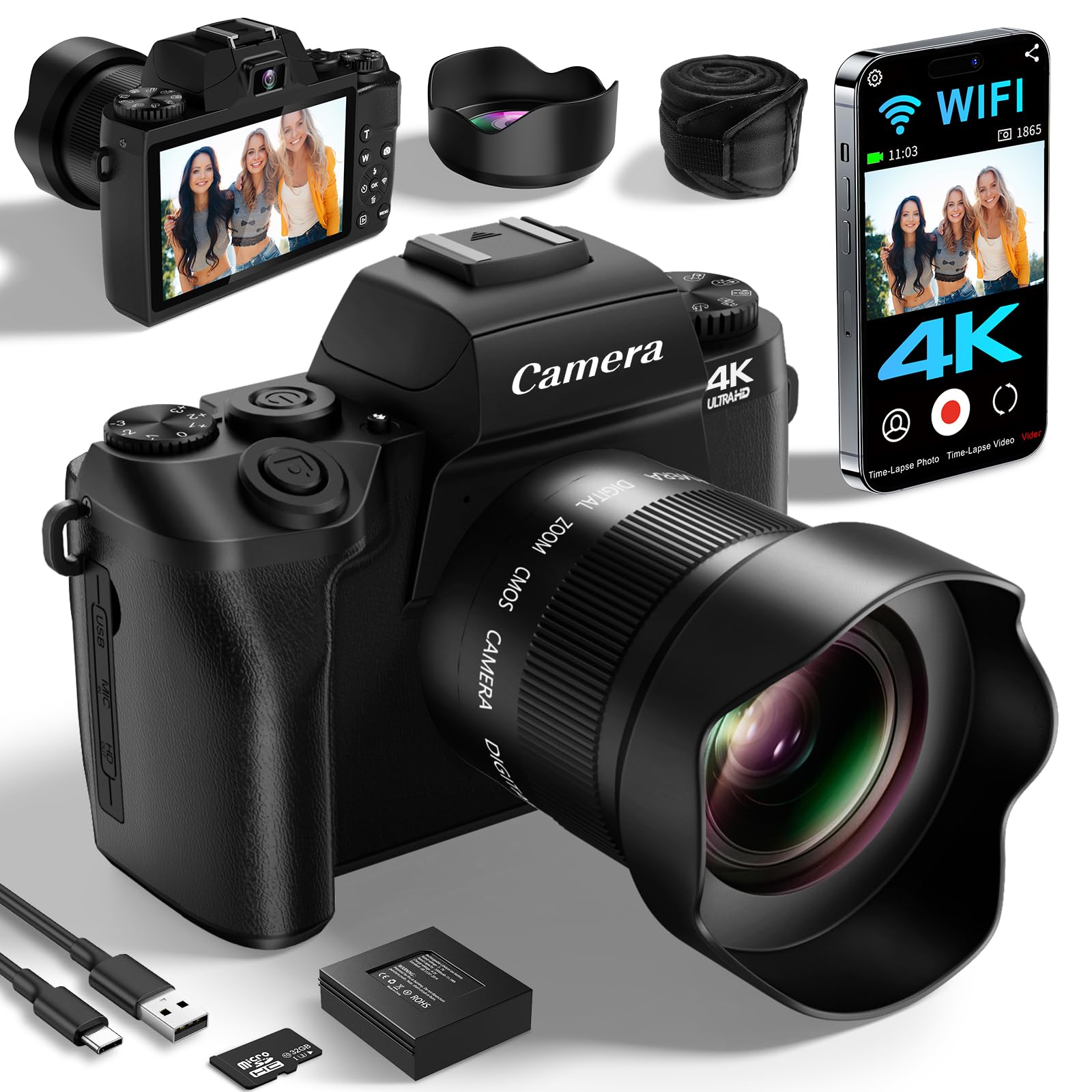 Amazon.com : Saneen Digital Camera, 4k Cameras for Photography, 64MP ...