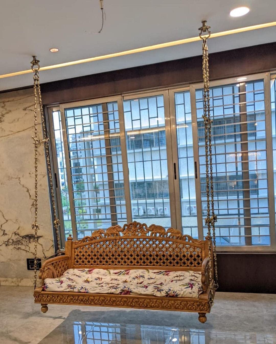 Zula ghar 4 Feet Teak Wooden Royal Carving Fixed Back Swing with Brass ...