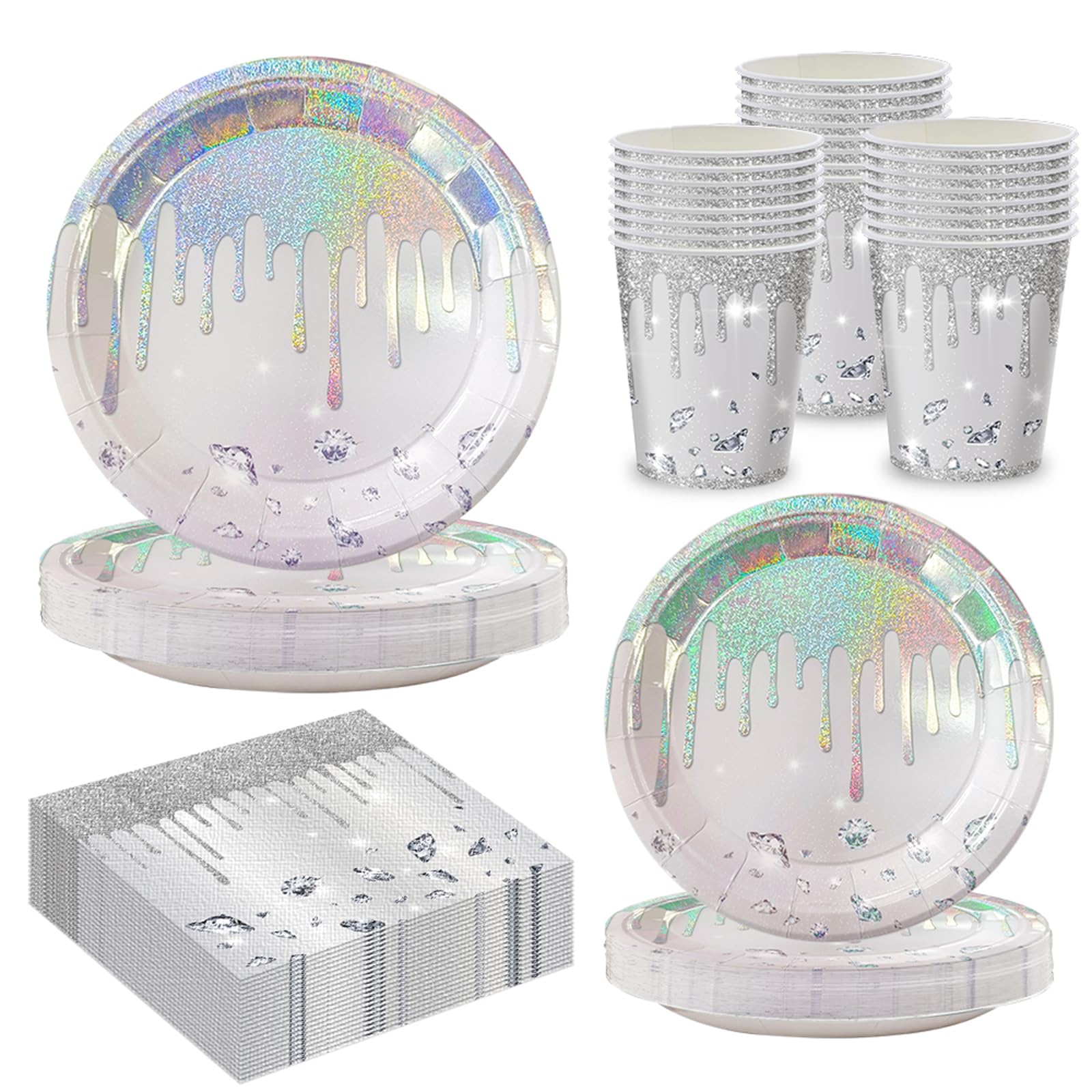 Amazon.com: 96pcs Silver Glitter Plates Napkins Diamonds Birthday Party ...
