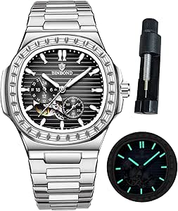 Amazon.com: BINBOND Silver Automatic Watches for Men Stainless Steel ...