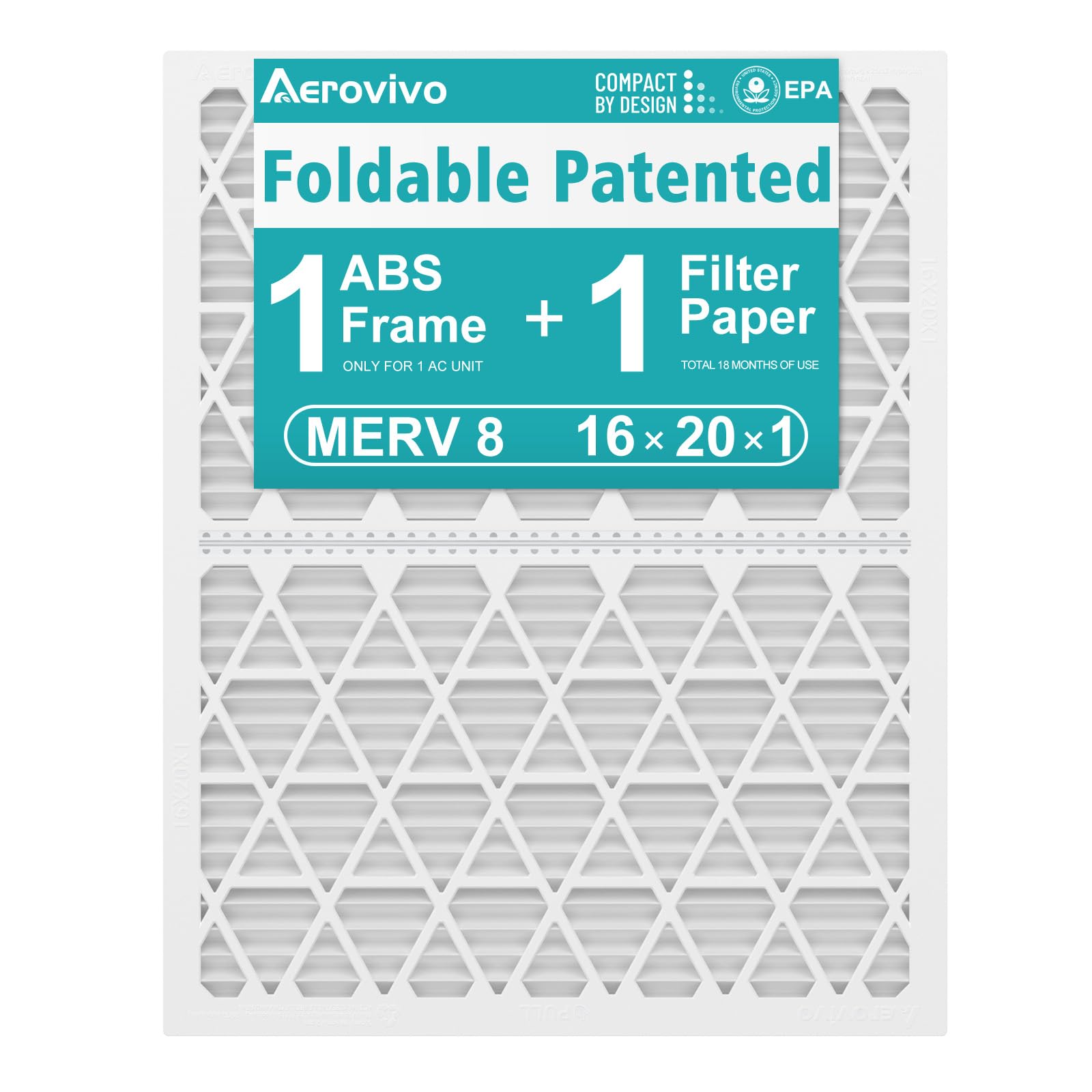 16x20x1 Air Filter MERV 8, 1 Reusable ＆ Foldable Frame with 1 Pack ...
