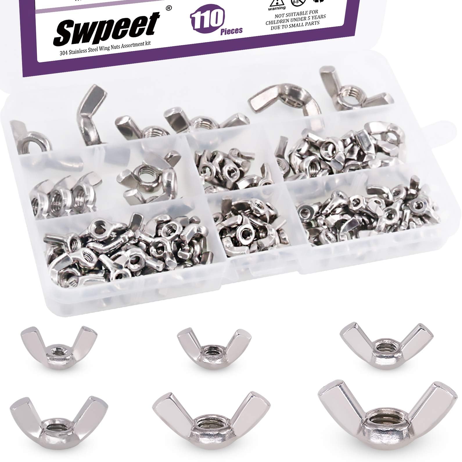 Swpeet 110Pcs 304 Stainless Steel Serrated Metric Wing Nuts Butterfly ...