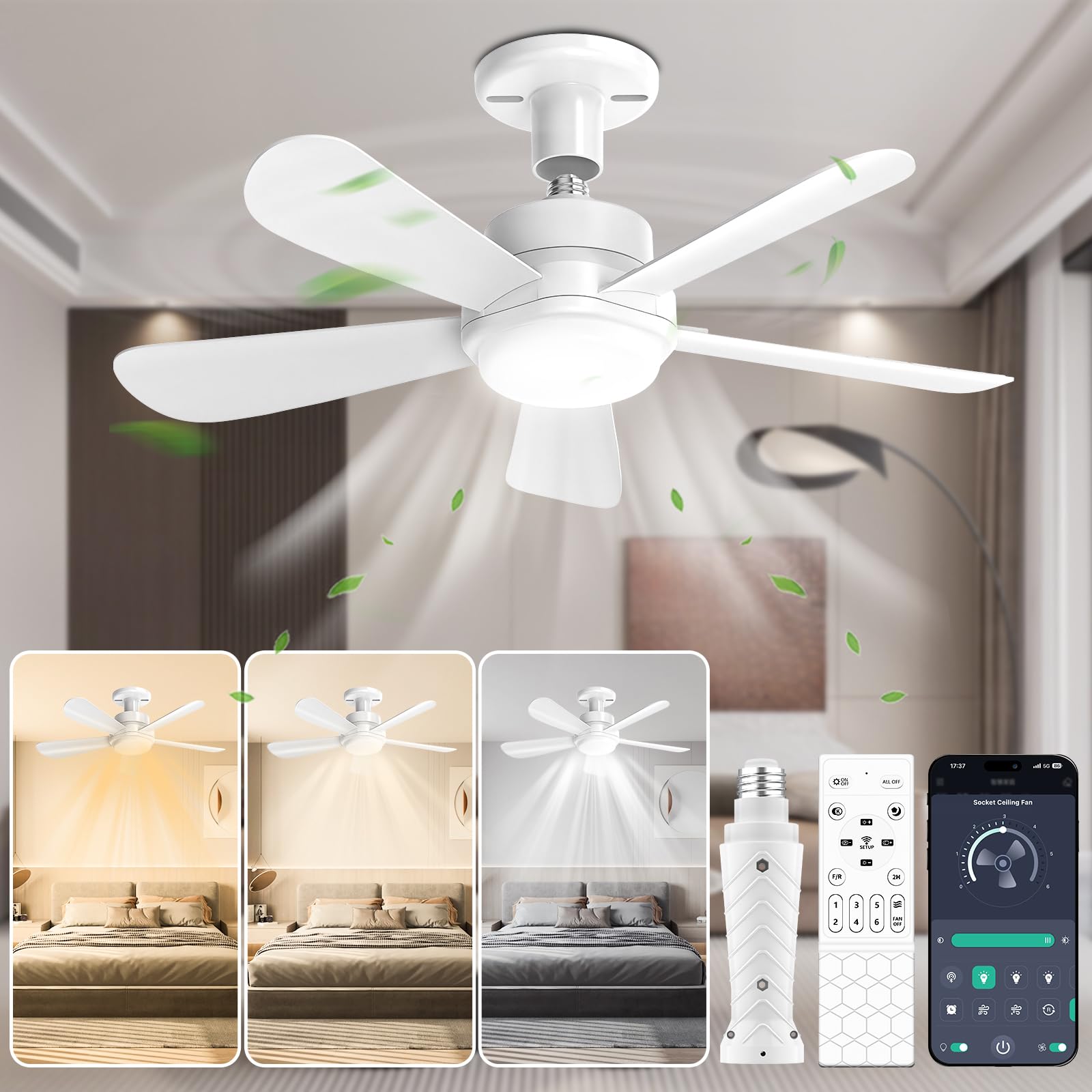 Socket Fan Light with Remote & APP Control, 22-in Screw in Ceiling Fan ...