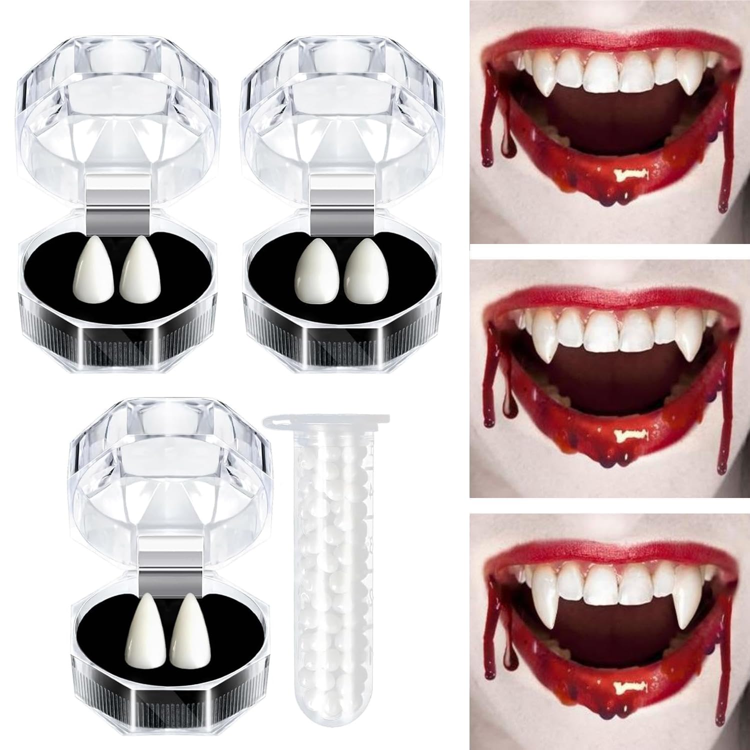 Vampire Fangs, 3 Sizes Halloween Vampire Teeth with Adhesive, Realistic Vampire Fangs Horror ...