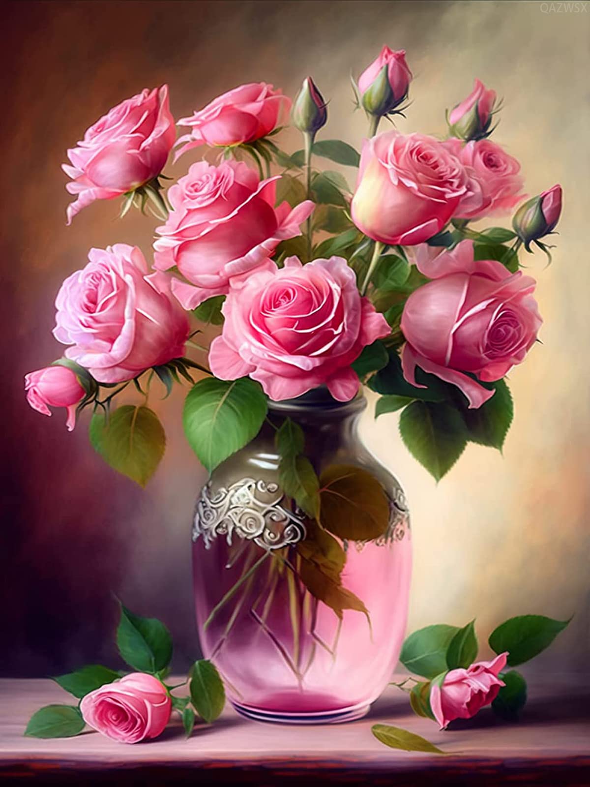 Amazon.com: QAZWSX DIY Pink Rose Diamond Painting Kits Flower Diamond Painting - Full Round ...