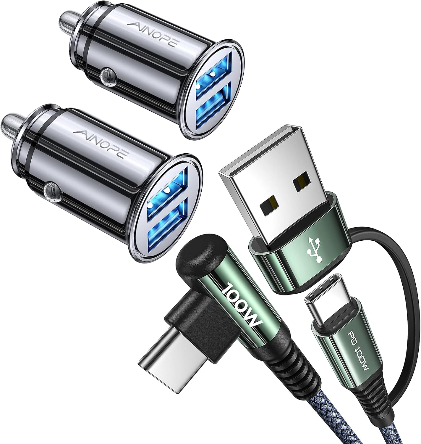 Amazon.com: AINOPE 2 Pack Fast Mini Car Charger + 100W USB Type C Cable ...
