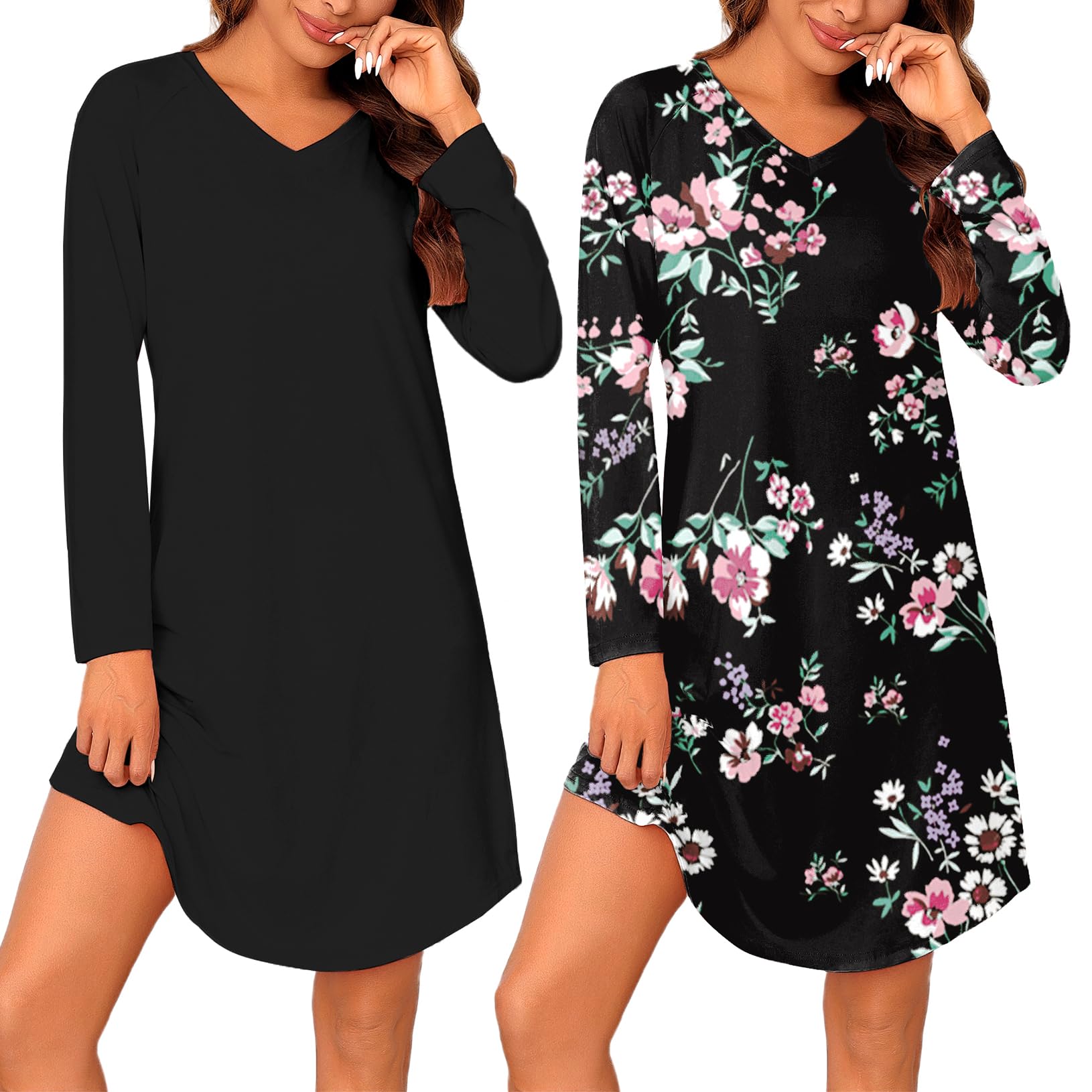 Marvmys 2 Pack Nightgowns for Women Long Sleeve Night Shirts Sleepwear ...