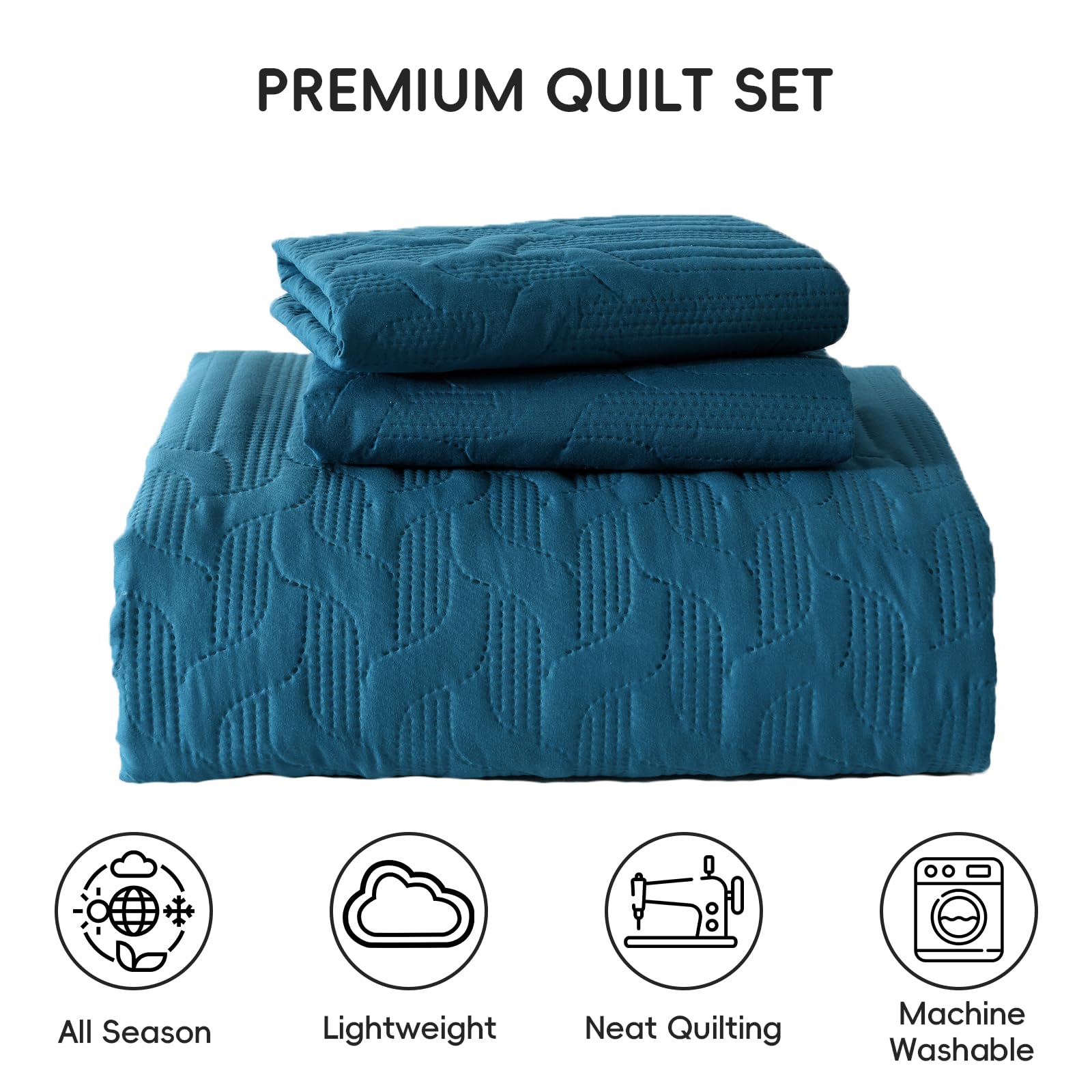 Teal Blue Quilt Set Queen Size Lightweight Bedspread Ultrasonic Wave ...
