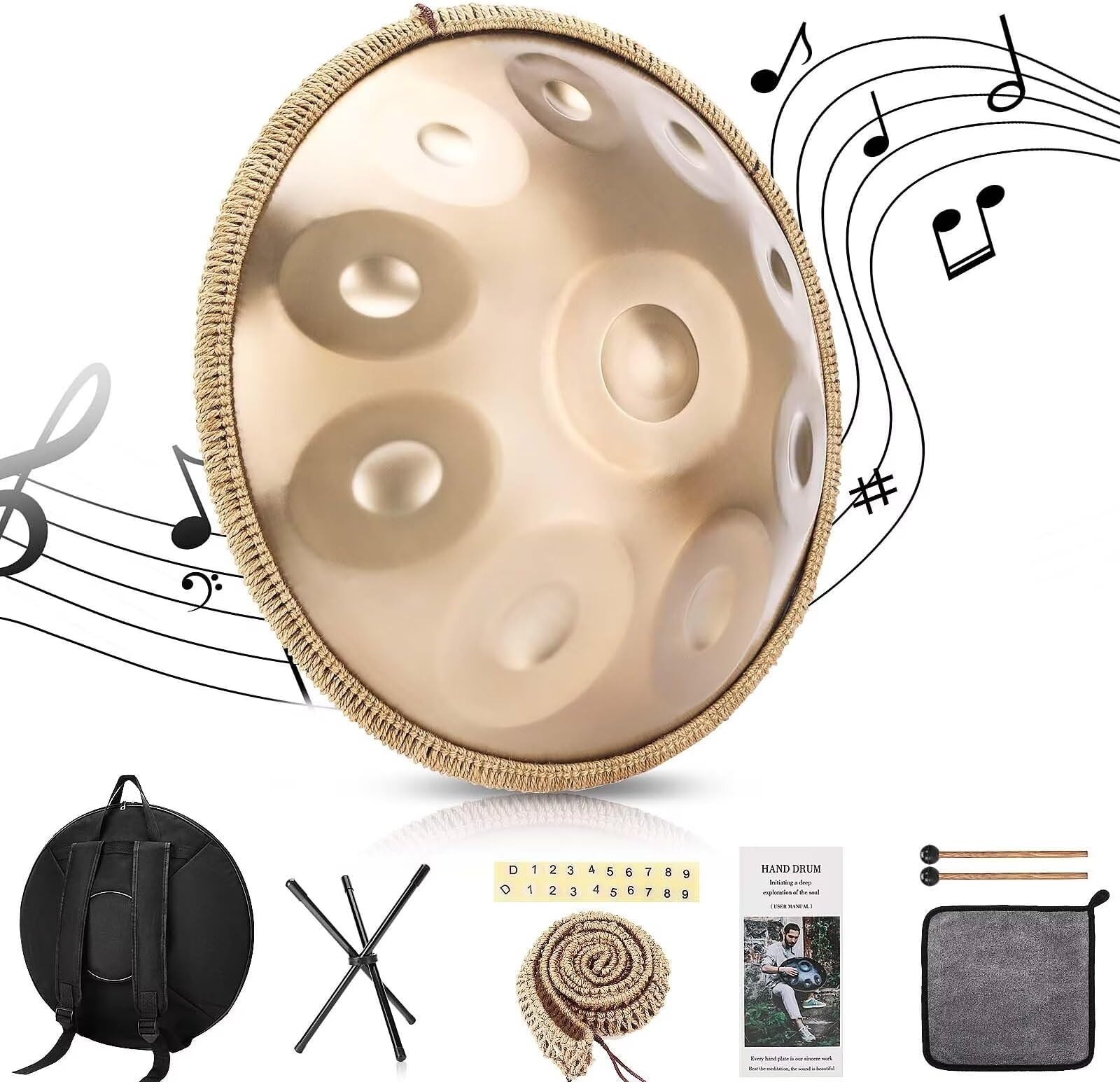 Handpan 440 Hz, 10 Tones 22 Inch Steel Handpan Instrument, "Gold ...